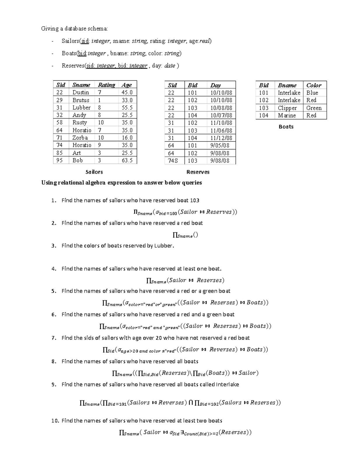 Lab1 DBI - lab1 - Giving a database schema: - Sailors(sid: integer, sname: string, rating ...