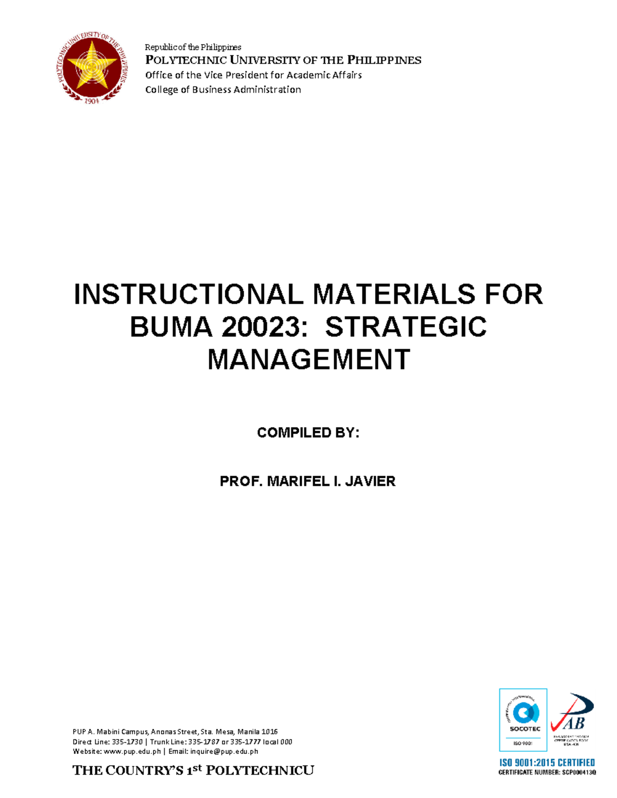 Strat eg ic Man ag ement - PUP A. Mabini Campus, Anonas Street, Sta. Mesa, Manila 1016 Direct ...