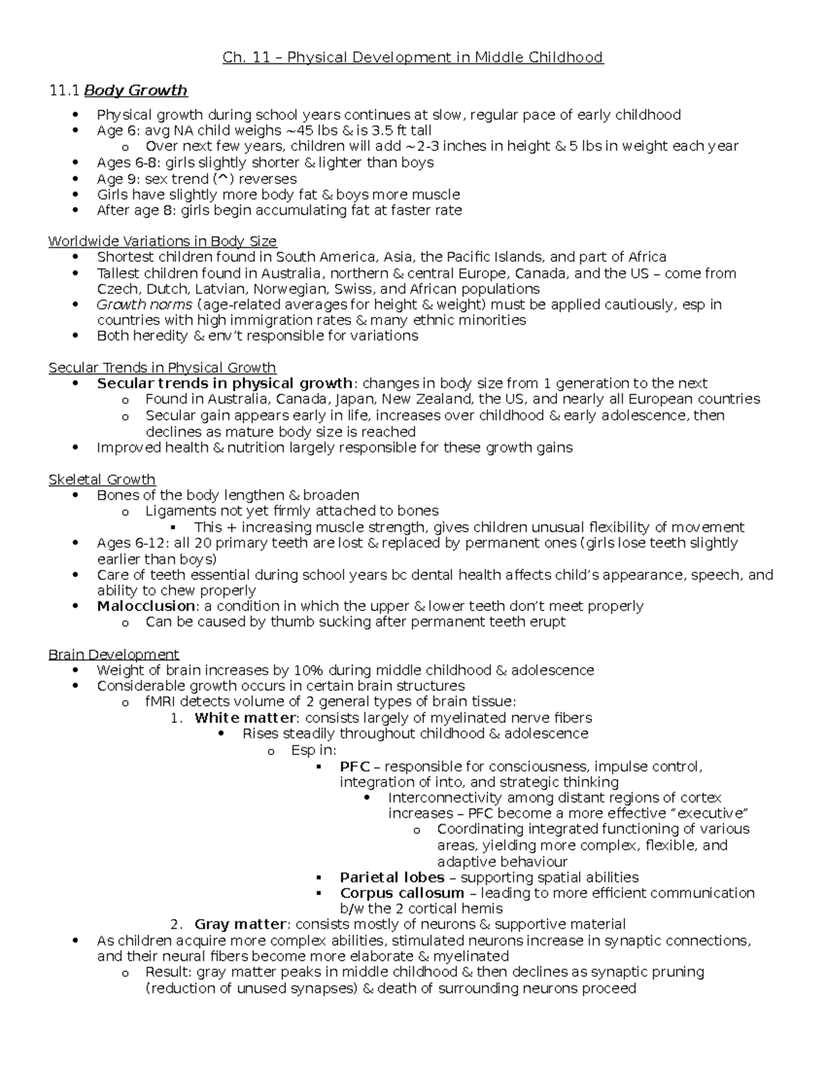 Ch. 11 Notes - Ch. 11 – Physical Development in Middle Childhood 11 ...