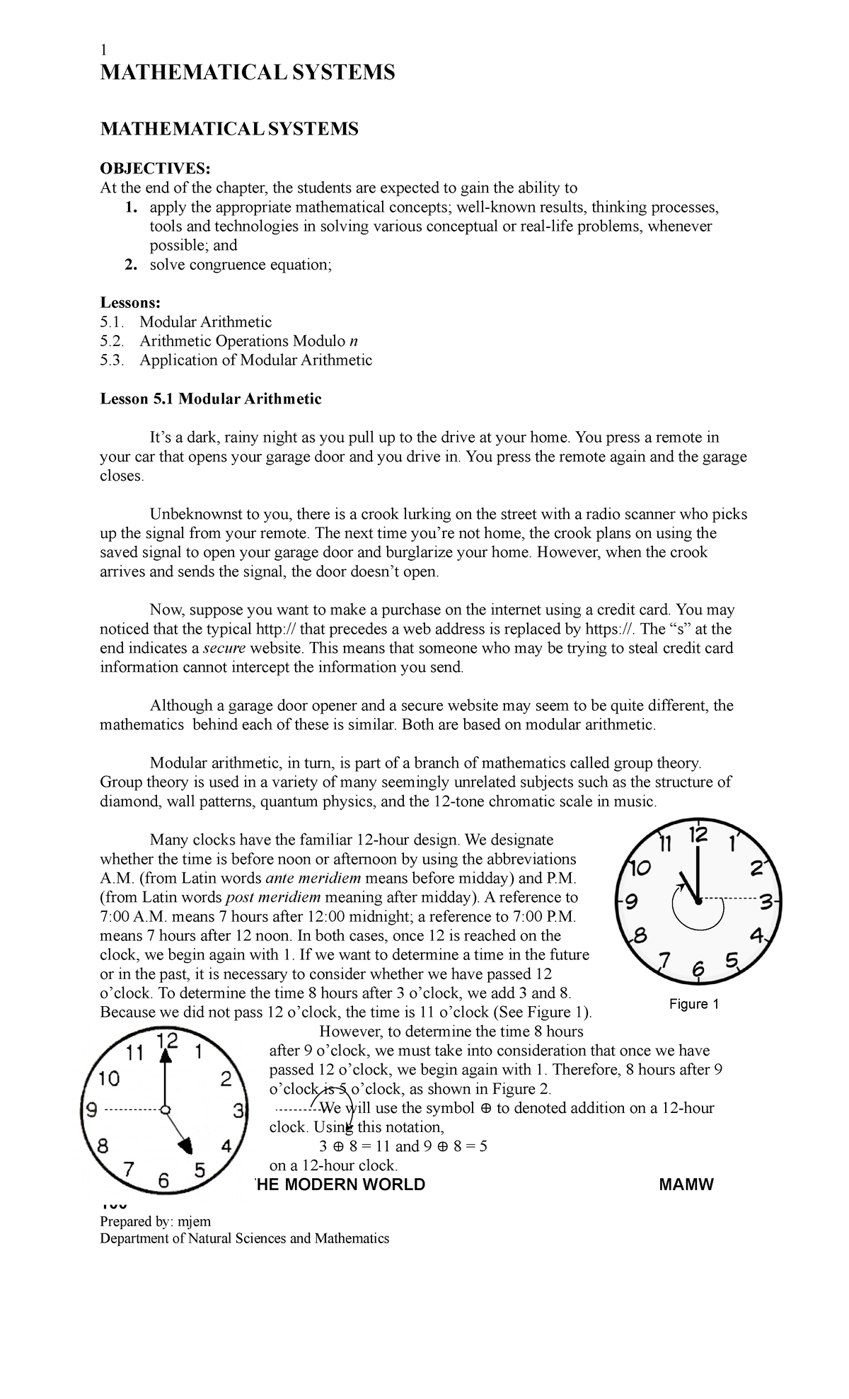 Modular-Arithmetic ( Arcelo) - MATHEMATICAL SYSTEMS MATHEMATICAL SYSTEMS OBJECTIVES: At the end ...