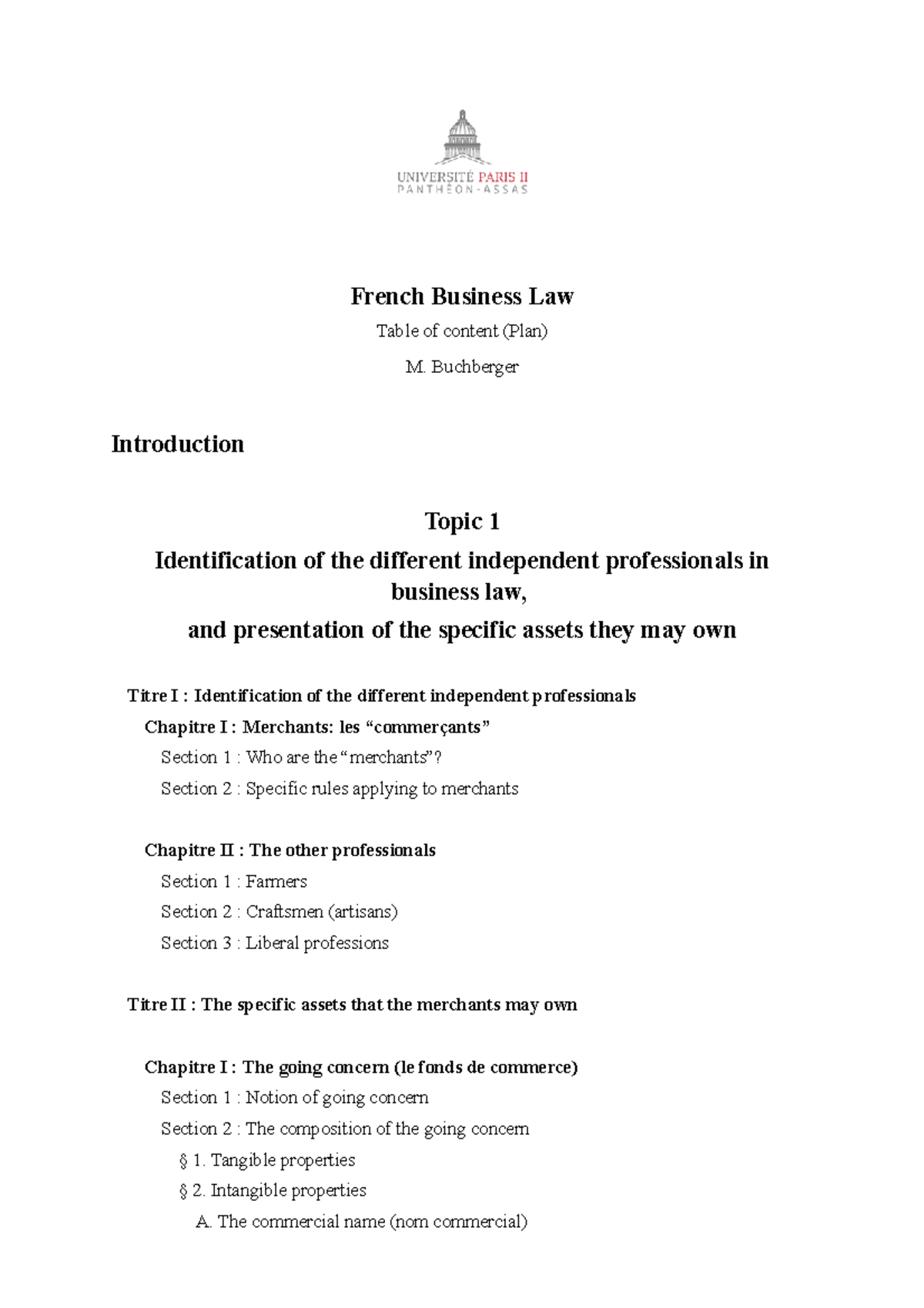 Plan FBL - plan fbl - French Business Law Table of content (Plan) M ...