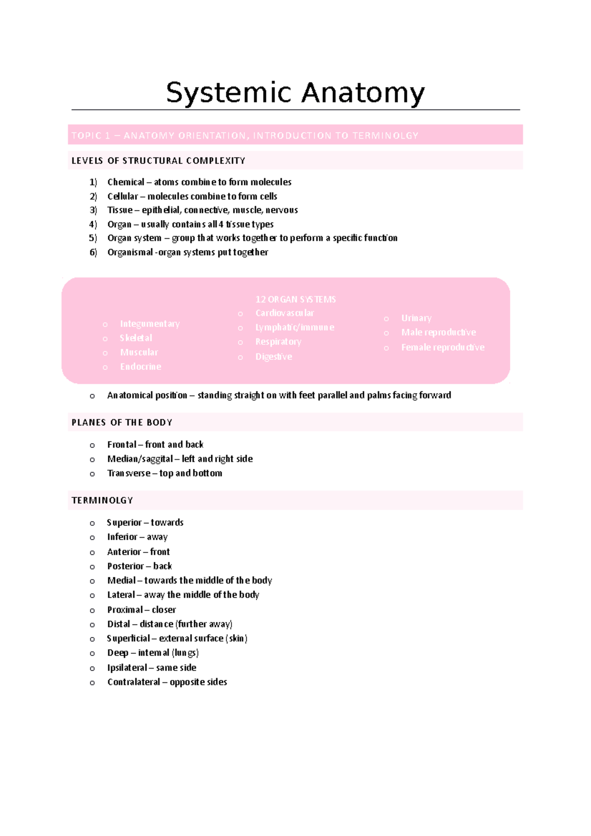 Systemic Anatomy - full semester notes - Systemic Anatomy TOPIC 1 ...