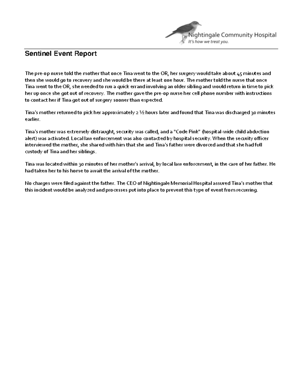 Sentinel Event Analysis: Case of Tina's Abduction Incident - Sentinel ...