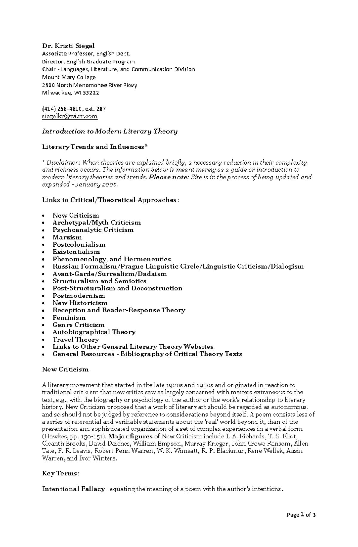 Lit-Criticism - Literary Criticism Notes - Dr. Kristi Siegel Associate ...