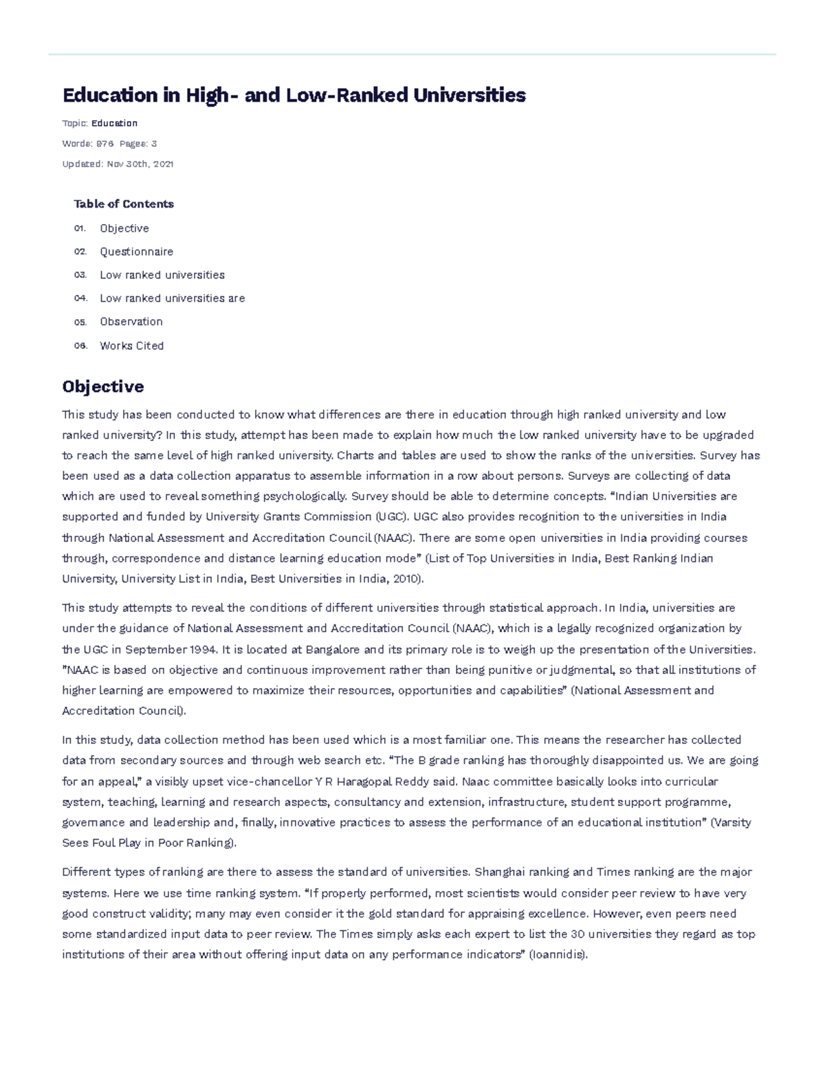 Education in High- and Low-Ranked Universities Free Essay Example ...