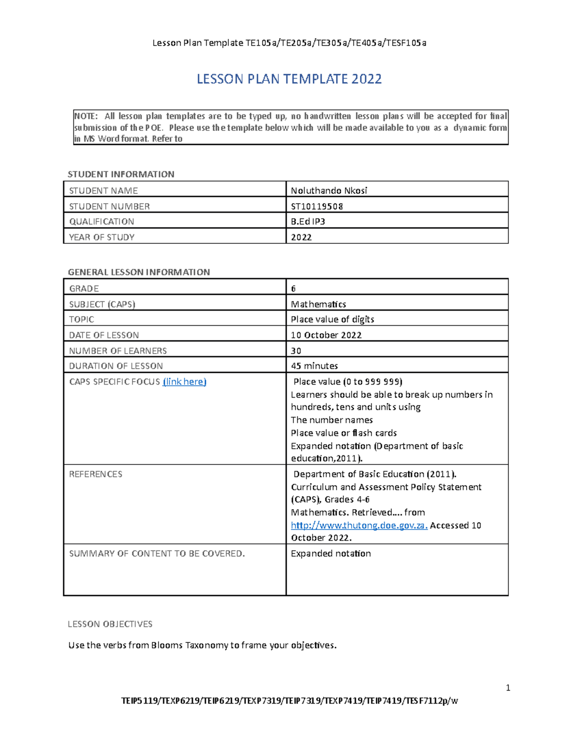 Noluthando Nkosi TIMA7312 Lesson PLAN Place Value - Lesson Plan ...
