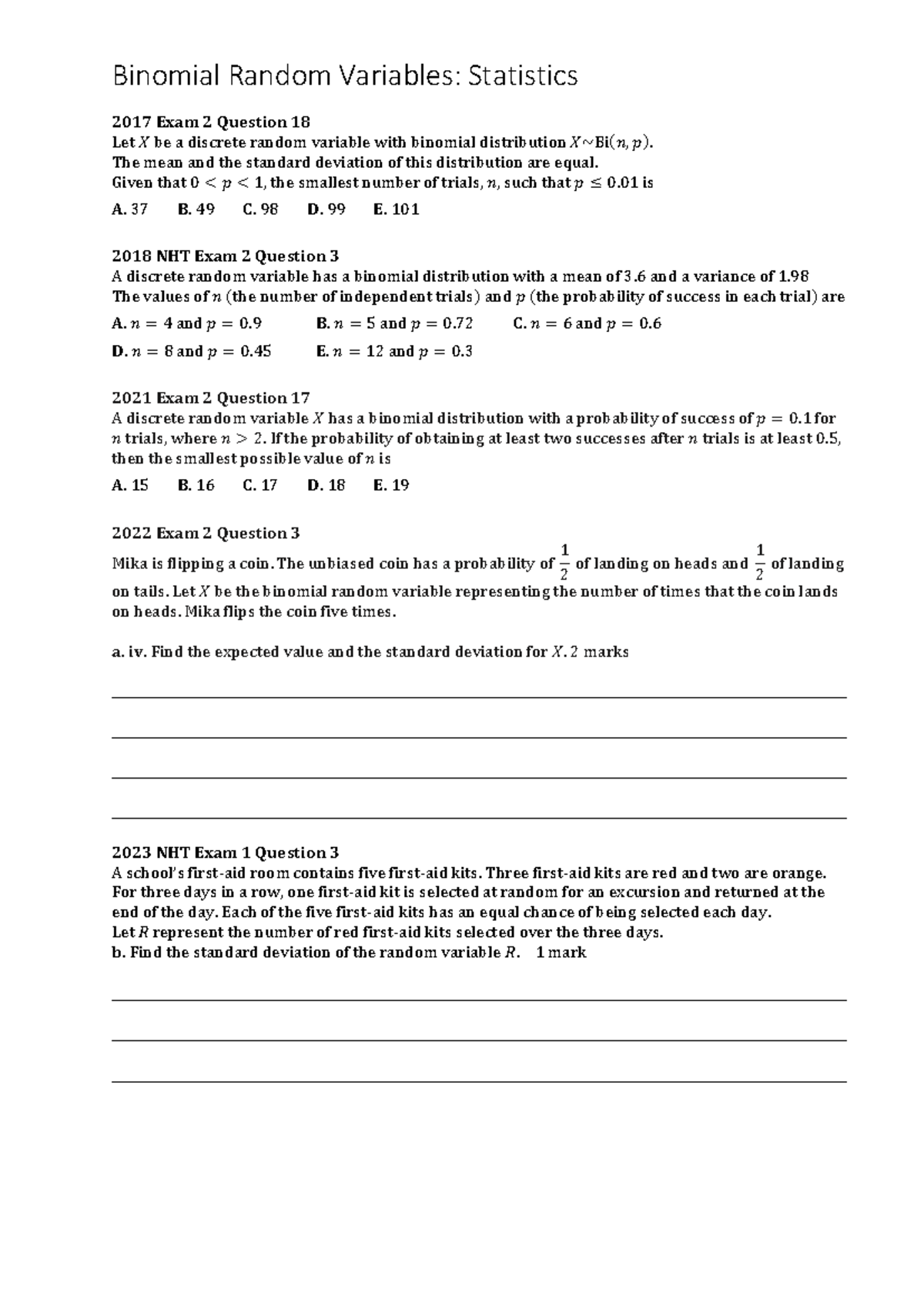 Binomial Random Variables - Statistics - 2017 Exam 2 Question 18 Let 𝑋 ...