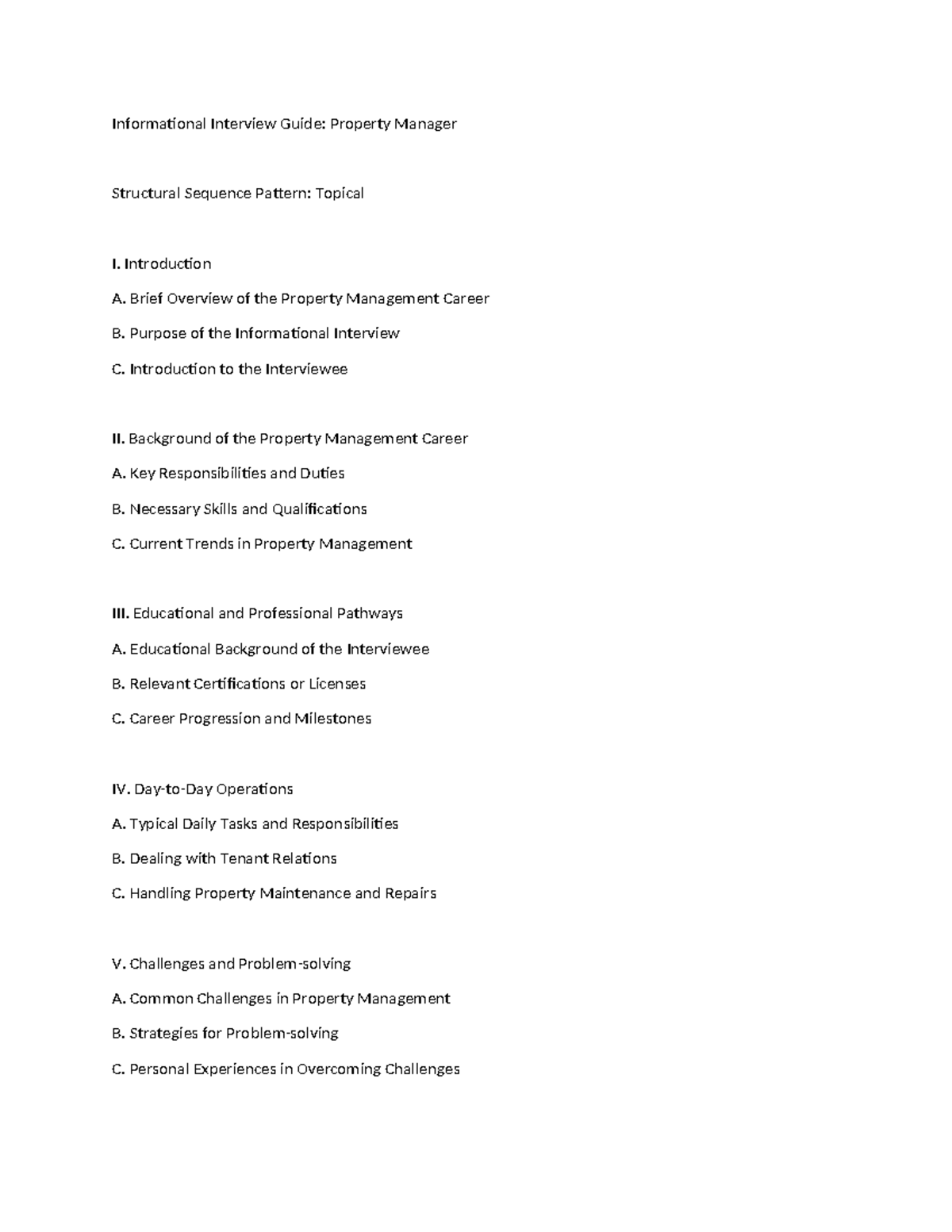 Field Project Interview Guide Assignment - Informational Interview Guide: Property Manager - Studocu