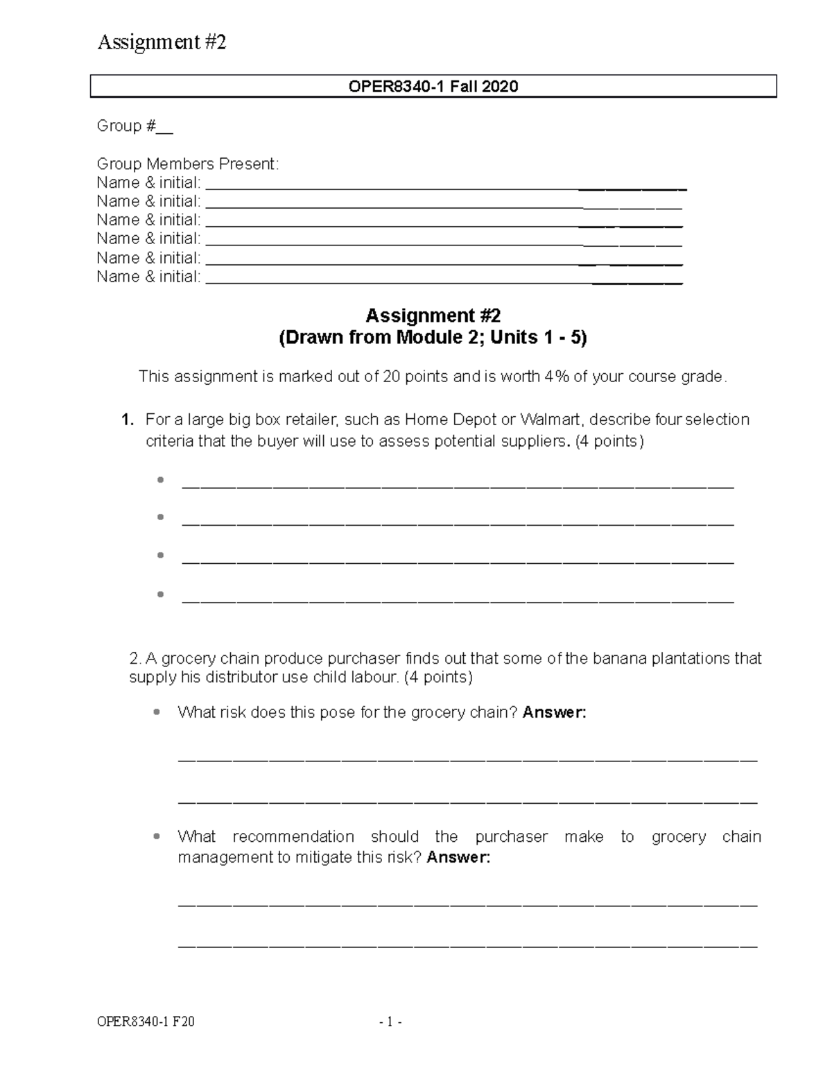 OPER8340 - Assignment #2 - F20 - Assignment OPER8340-1 Fall 2020 Group ...