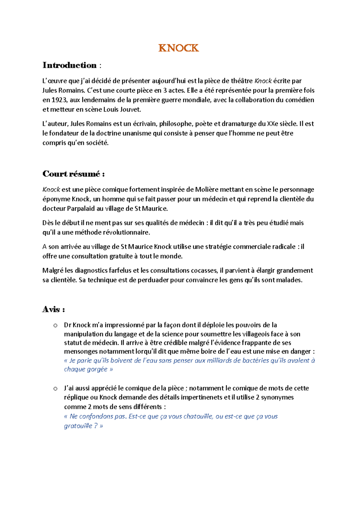 Knock - fiche pour l'oral du bac - KNOCK Introduction : L’œuvre que j’ai décidé de présenter ...