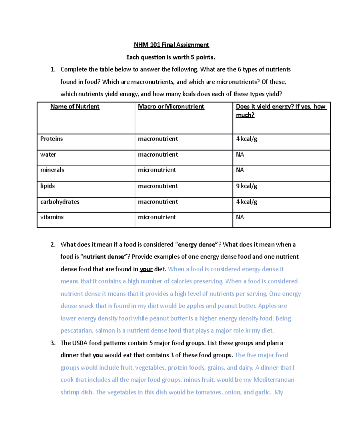 NHM 101 Final Assignment Fall 2020 - NHM 101 Final Assignment Each ...