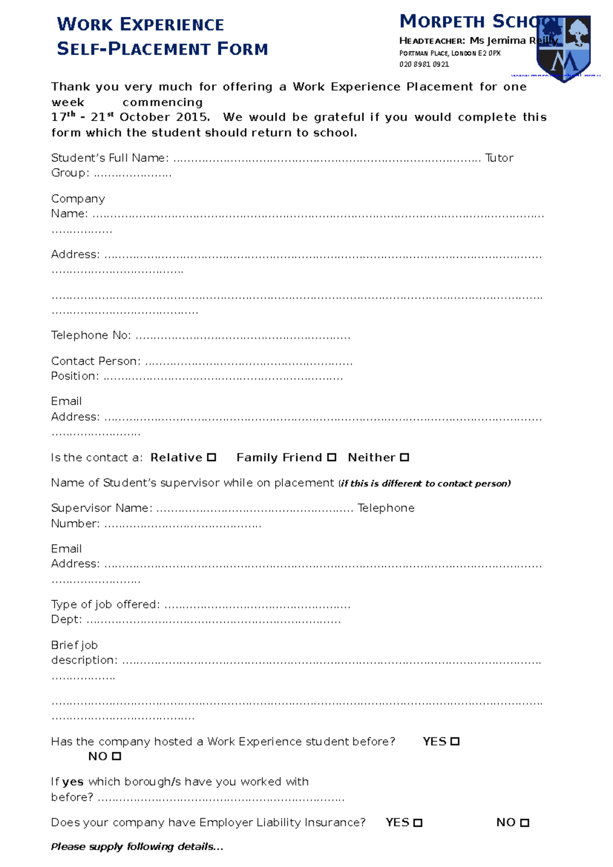 Self Placement Form BTEC Update June 2016 - Thank you very much for ...