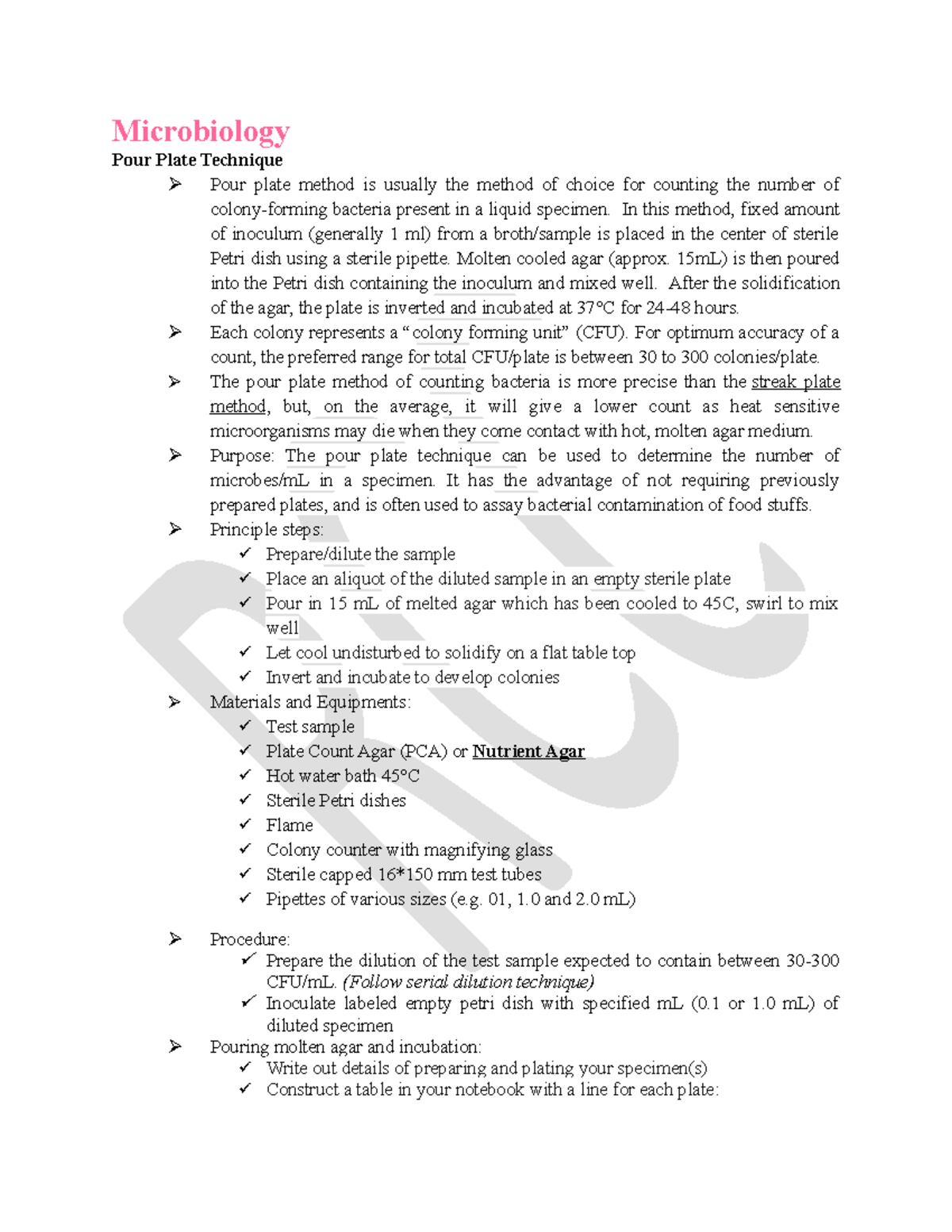 Microbiology - Microbiology Pour Plate Technique Pour plate method is ...