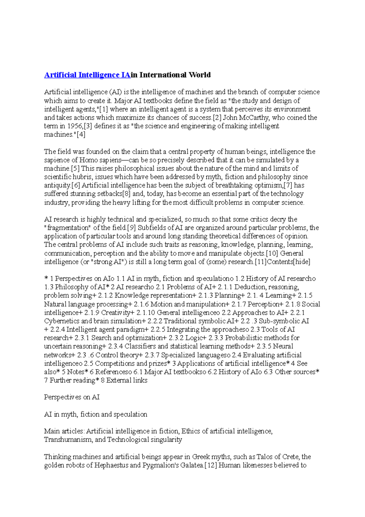 Intelegent Artificial IA in International World - Artificial ...