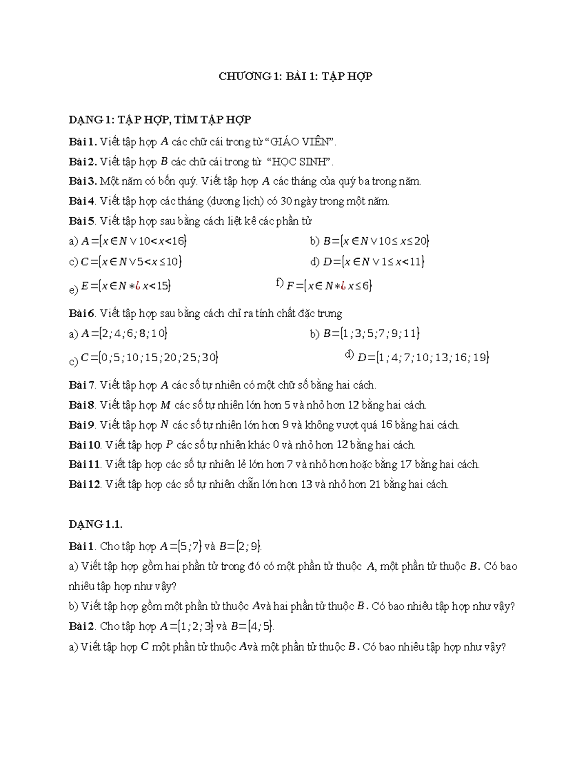 BT T6C1B1 - bài tập bổ trợ - CHƯƠNG 1: BÀI 1: TẬP HỢP DẠNG 1: TẬP HỢP ...