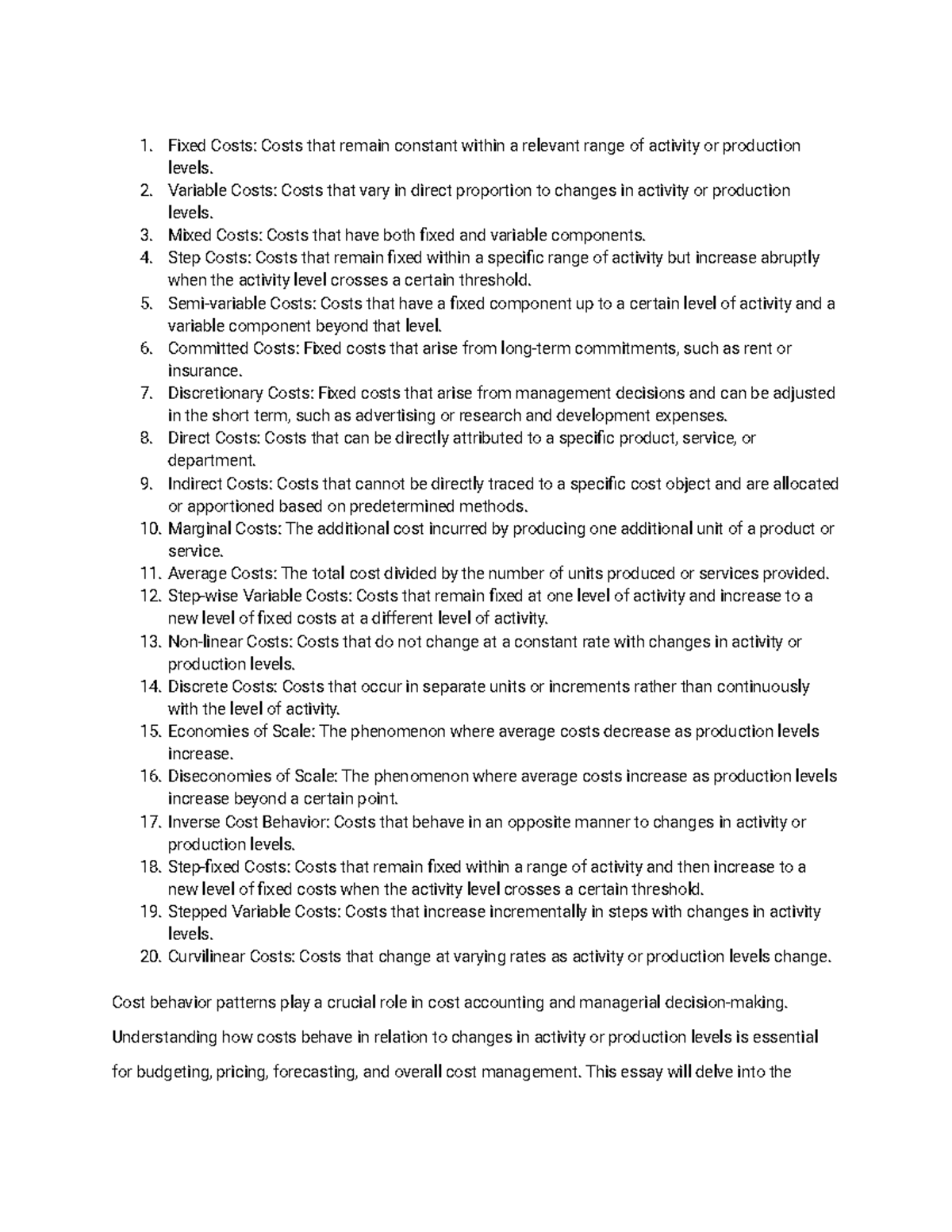 Cost behavior patterns (fixed, variable, mixed) Notes - Fixed Costs ...