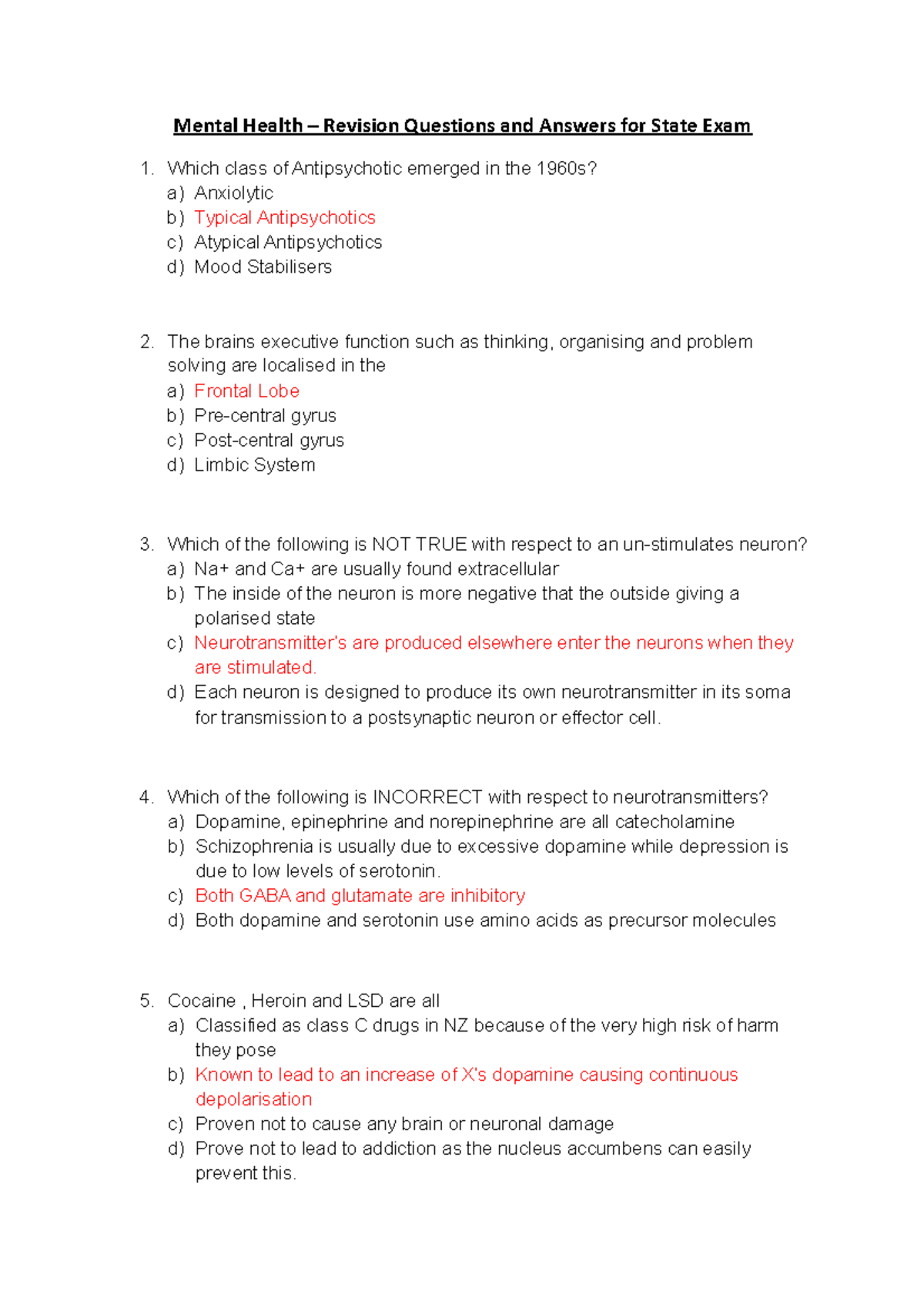 Mental Health State Exam Questions - Mental Health – Revision Questions ...