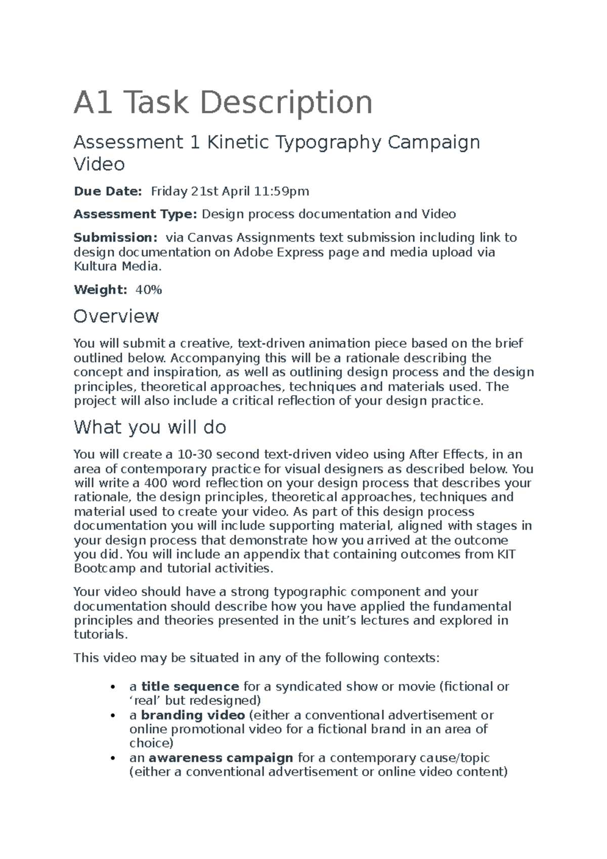 A1 Task Description - A1 Task Description Assessment 1 Kinetic Typography Campaign Video Due ...