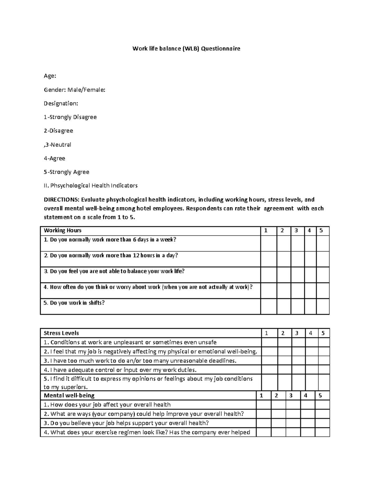 Work life balance (WLB) Questionnaire Gonzales - Work life balance (WLB ...
