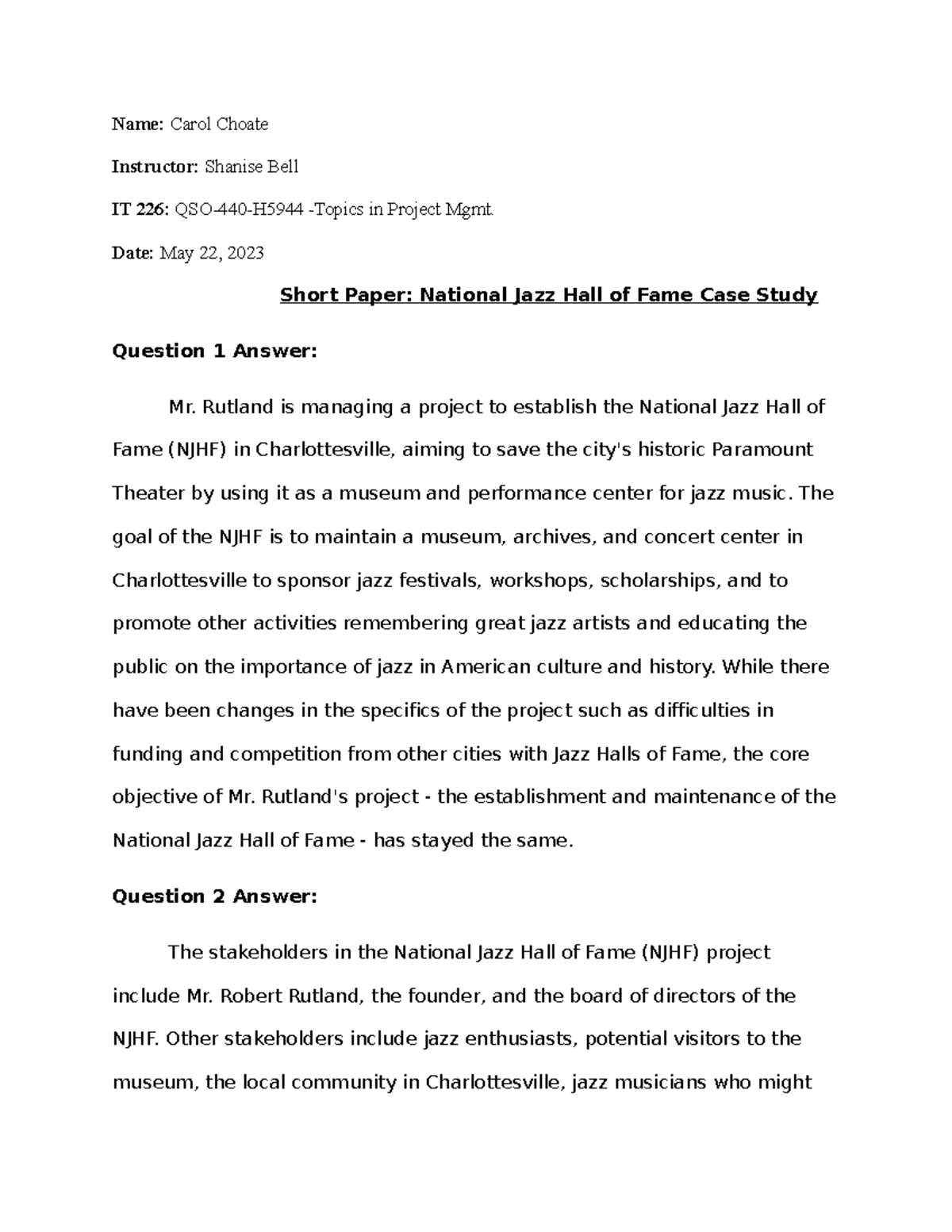 National Jazz Hall of Fame Case Study QSO-440-H5944 Choate - Name ...