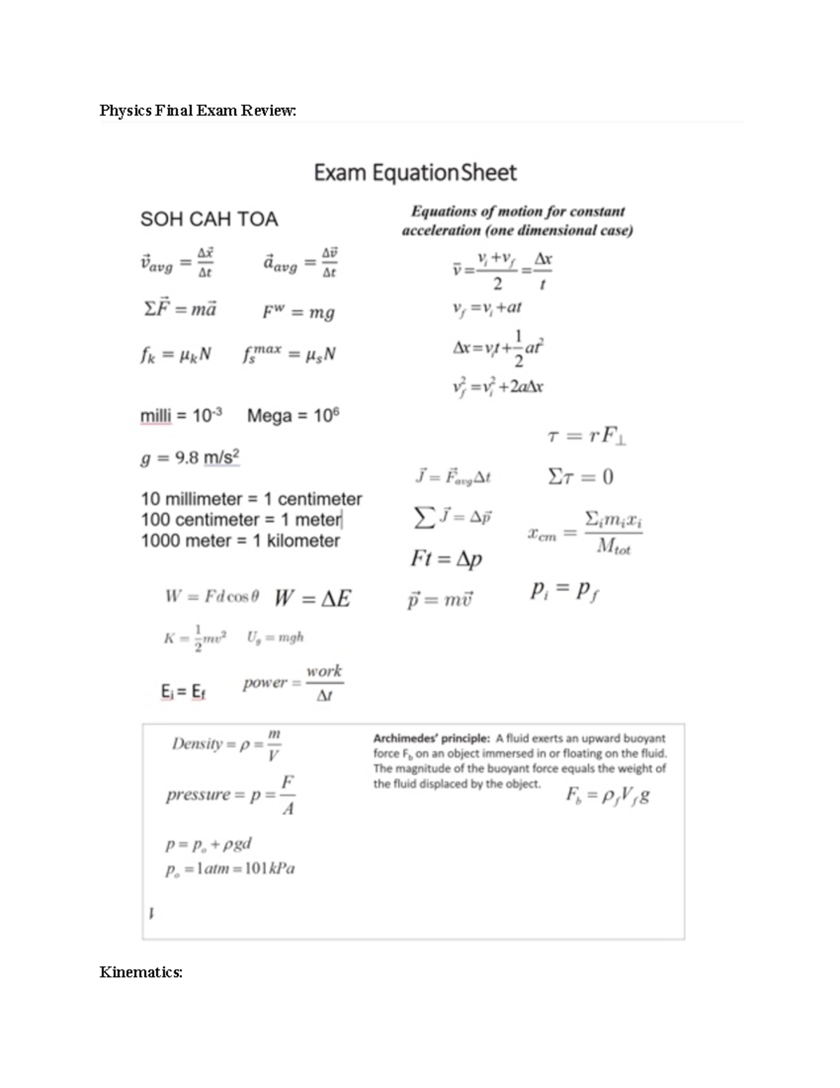 Final EXAM Review KEY - Physics Final Exam Review: Kinematics ...
