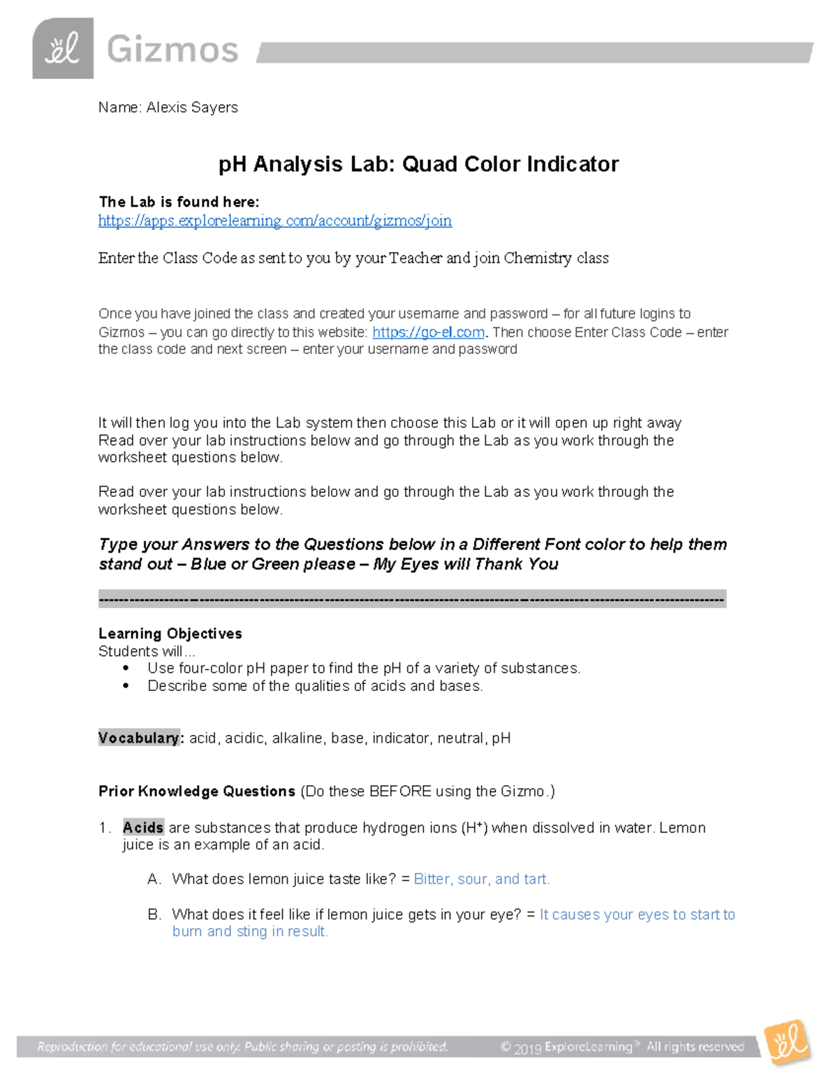 p HQuad Color Indictor Lab - Name: Alexis Sayers pH Analysis Lab: Quad ...
