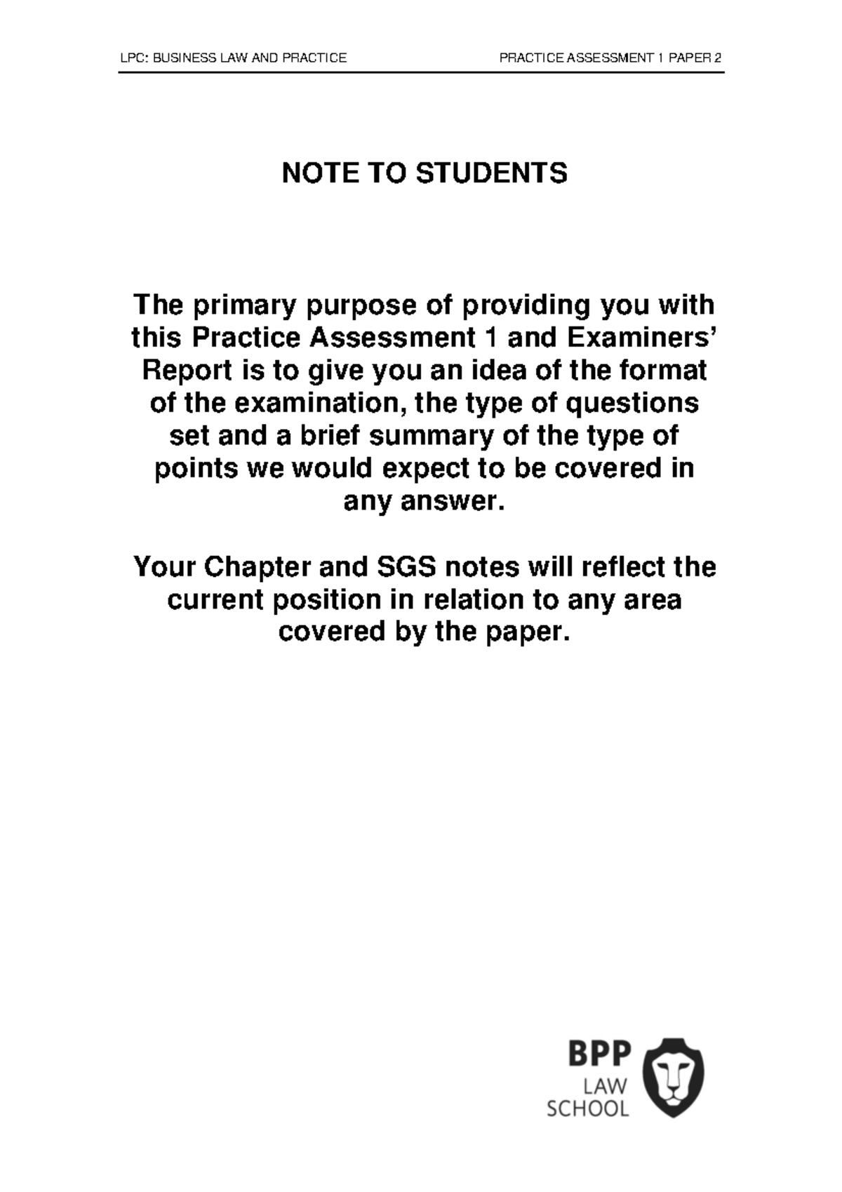 FTC PTC BLP Practice Assessment 1 Paper 2 2022- 23 - NOTE TO STUDENTS ...