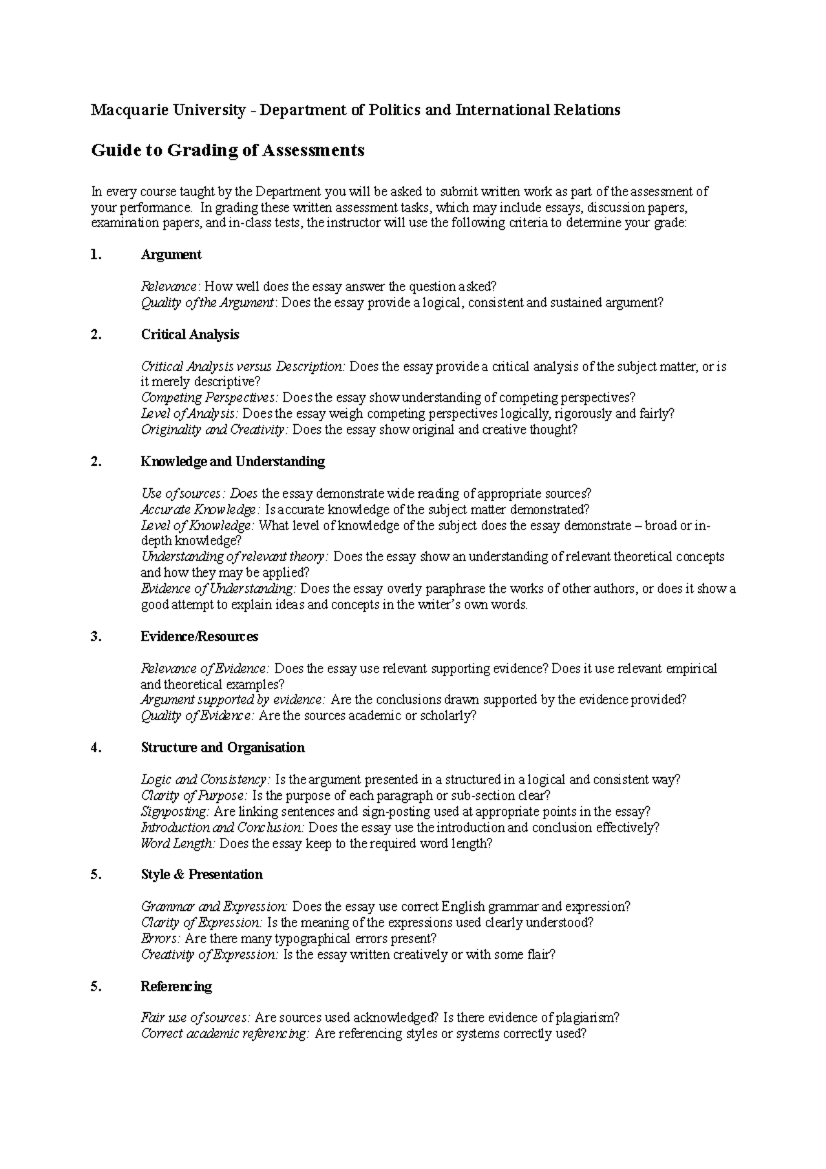 Essay - Grading Criteria rubric feedback sheet - Macquarie University ...