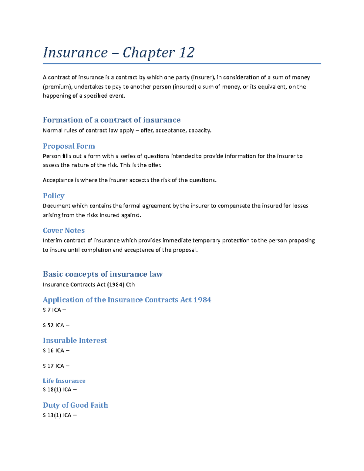 Chapter 12 - Insurance - Insurance Chapter 12 A contract of insurance ...