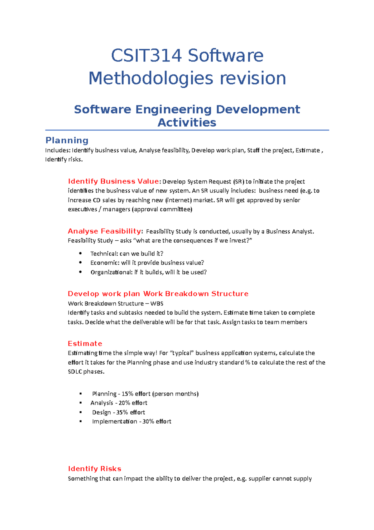 CSIT314 Study - Summary Software Methodologies - CSIT314 Software Methodologies revision ...