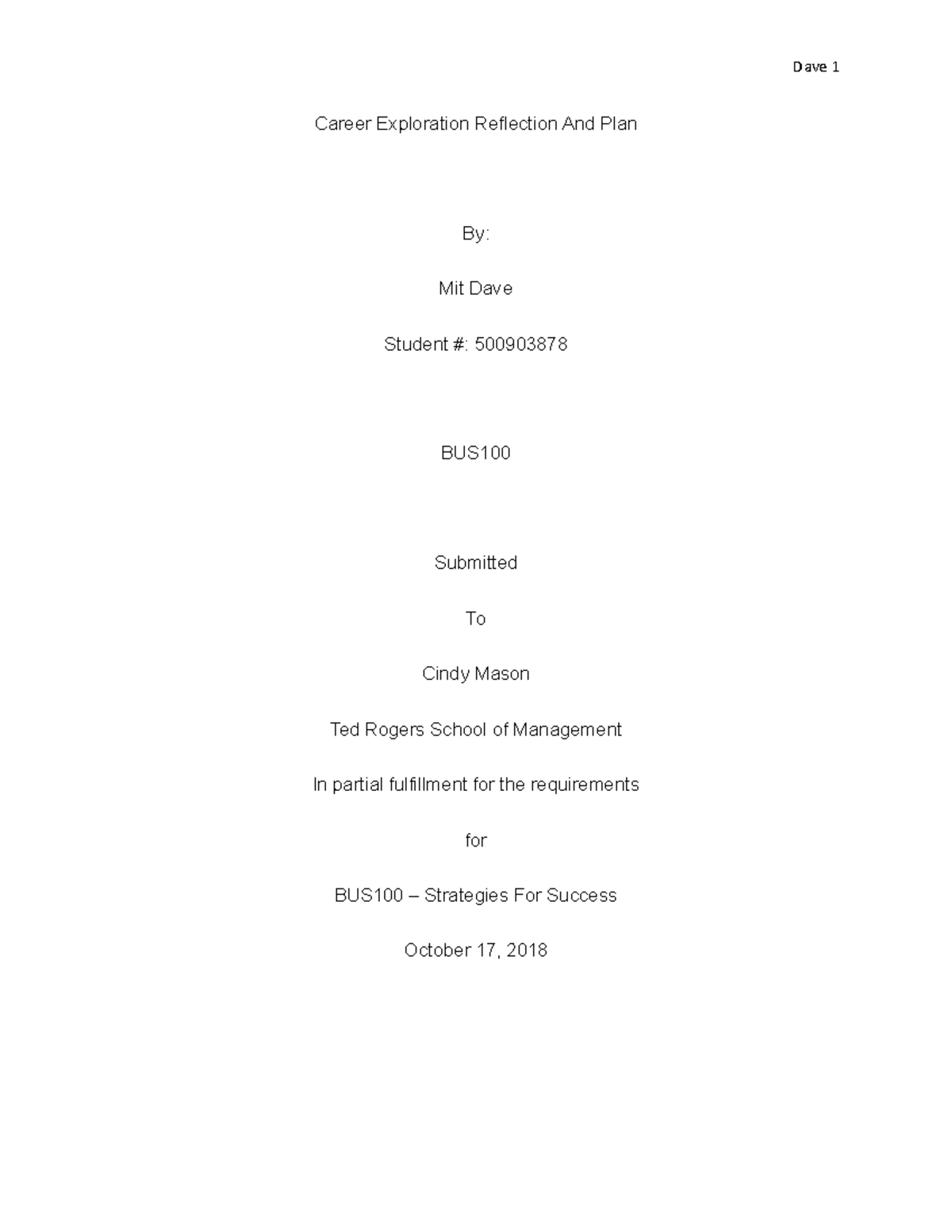 Career Exploration Reflection and Plan Mit Dave - Career Exploration ...