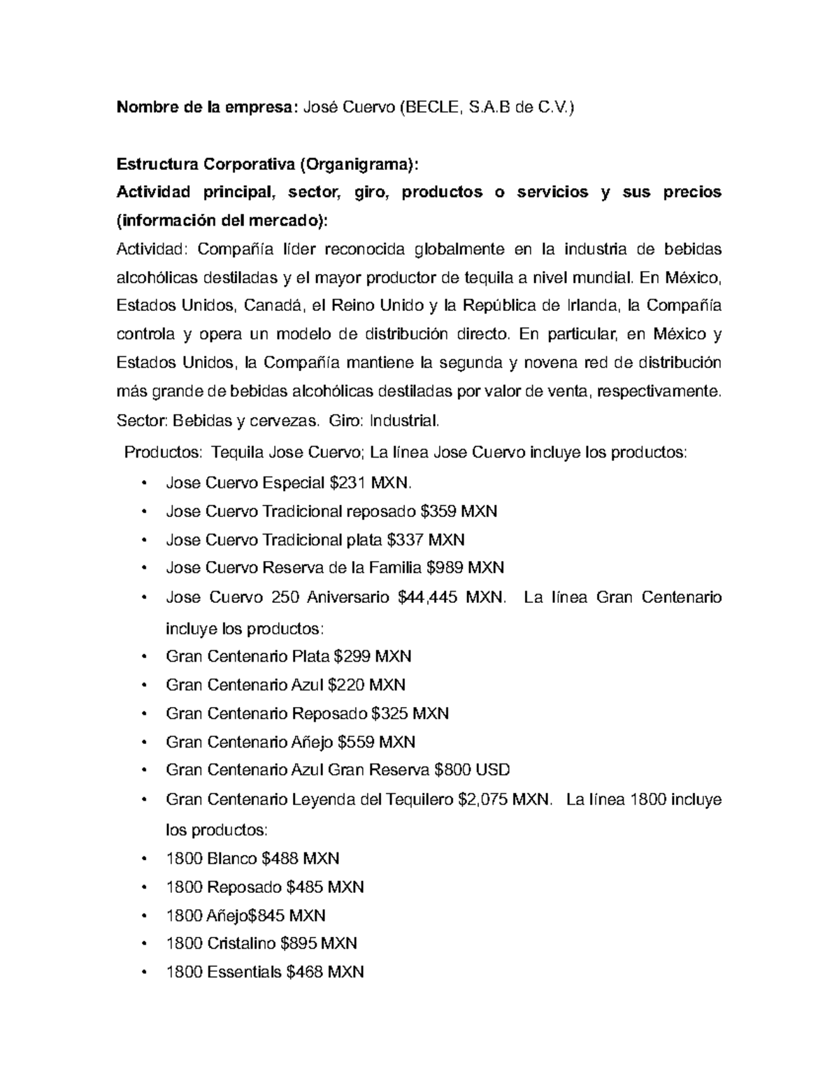 Variables Microeconomicas - Nombre de la empresa: José Cuervo (BECLE, S ...