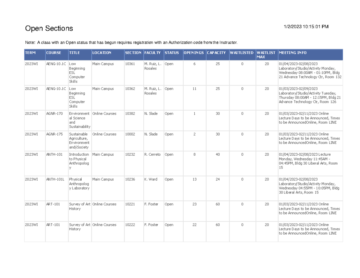 Open Sections - Open classes when i viewed it - TERM COURSE TITLE ...