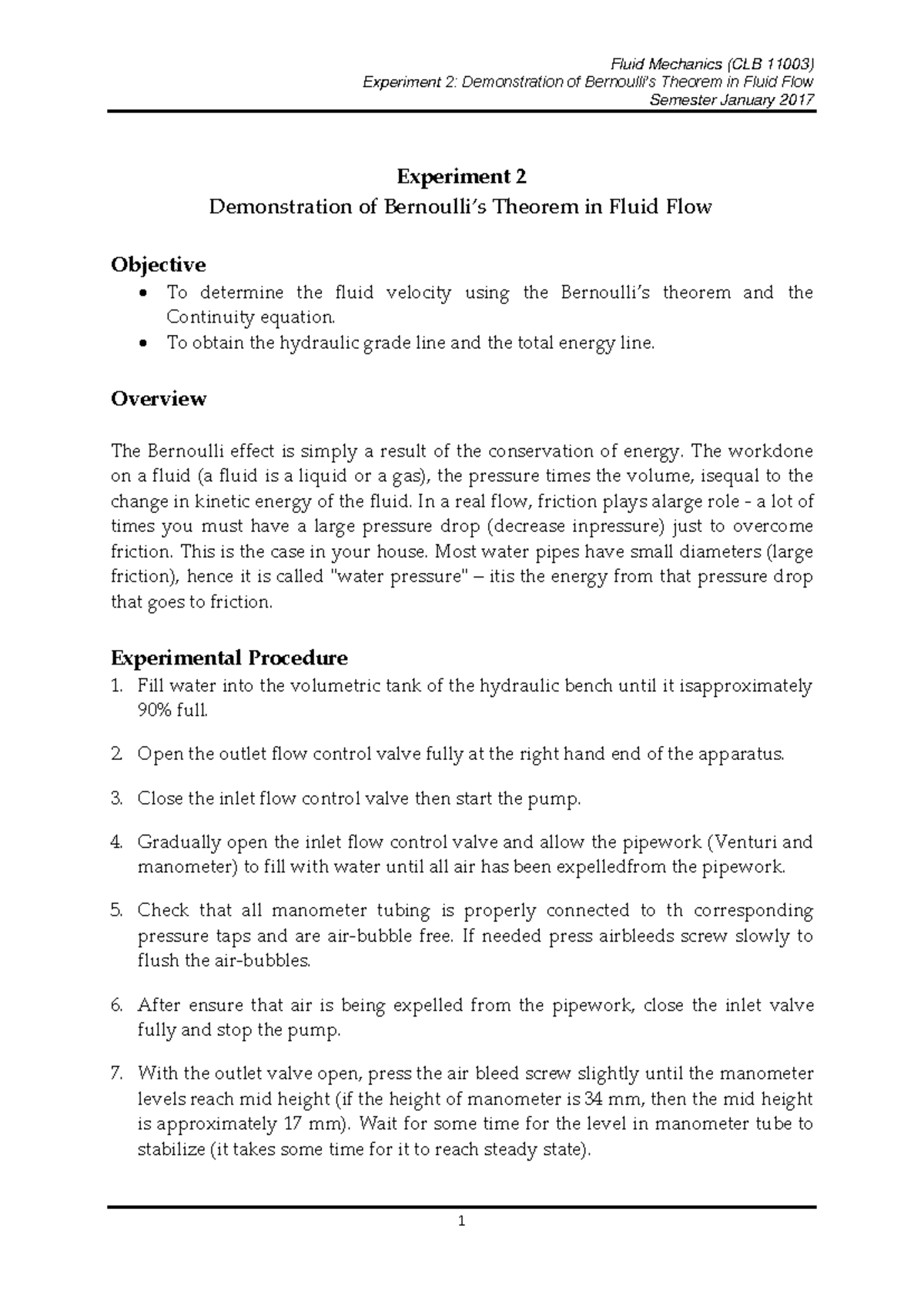 CLB11003 EXP 2 - lab - Experiment 2: Demonstration of Bernoulli’s ...
