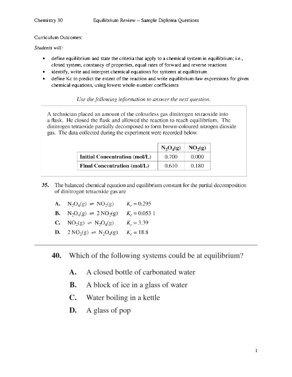 Equilibrium Review Sample Diploma Questions - Curriculum Outcomes ...