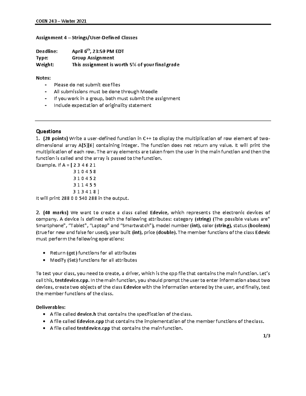 Assign 4 Instruction - COEN 243 – Winter 2021 Assignment 4 – Strings ...