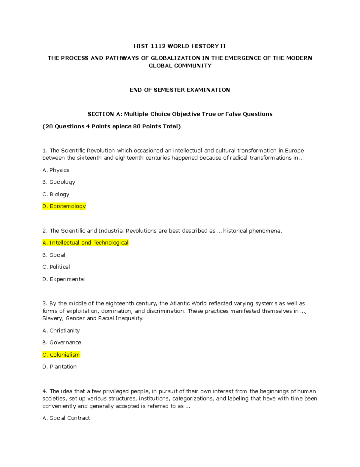 Final Exam Answers Key - HIST 1112 WORLD HISTORY II THE PROCESS AND ...