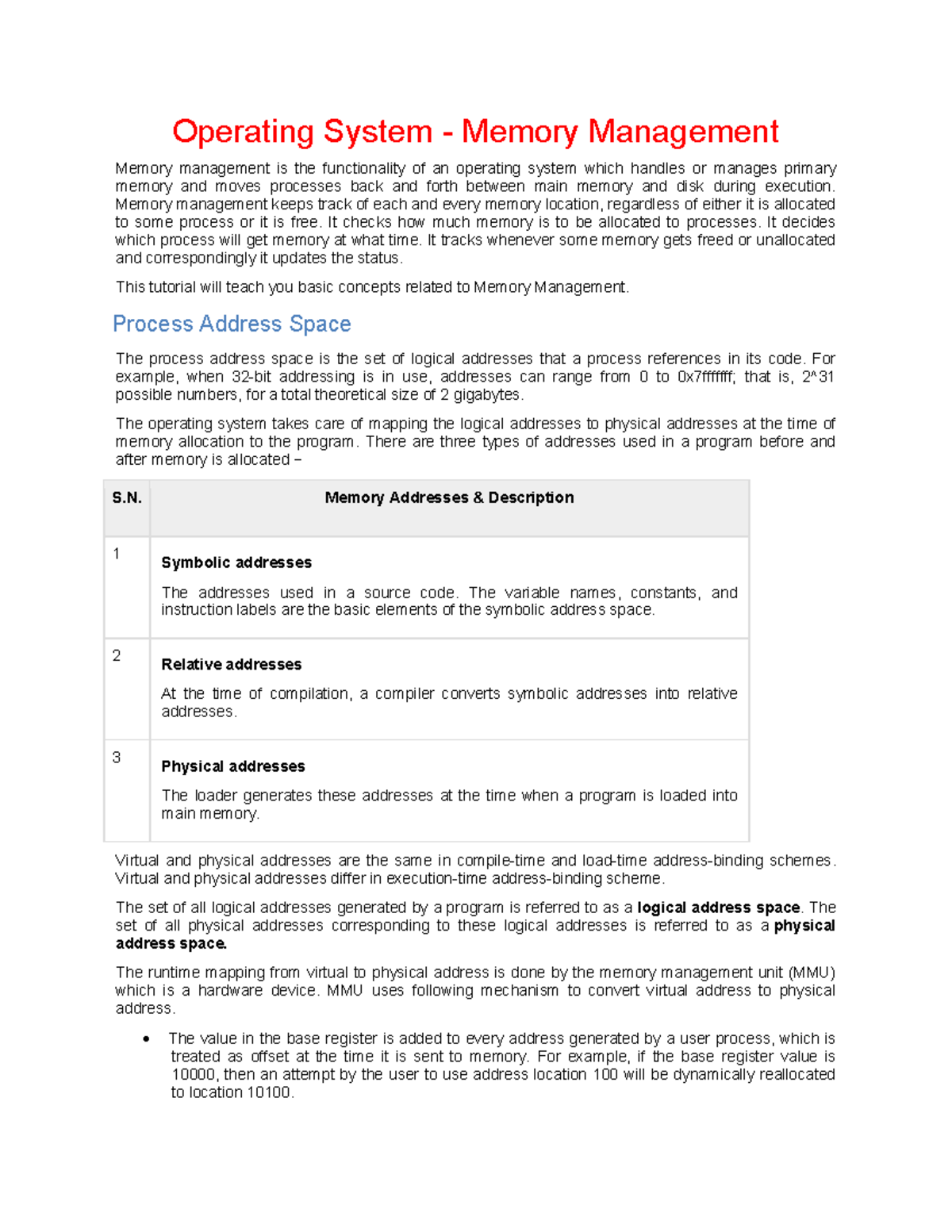 Os9-memorymgt - Operating System - Memory Management Memory management ...