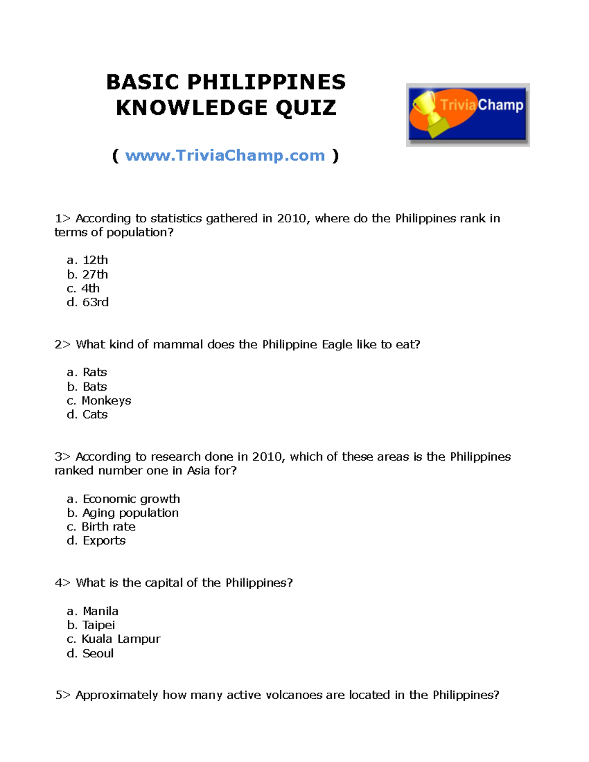 Basic Philippines Knowledge Quiz - BASIC PHILIPPINES KNOWLEDGE QUIZ ...