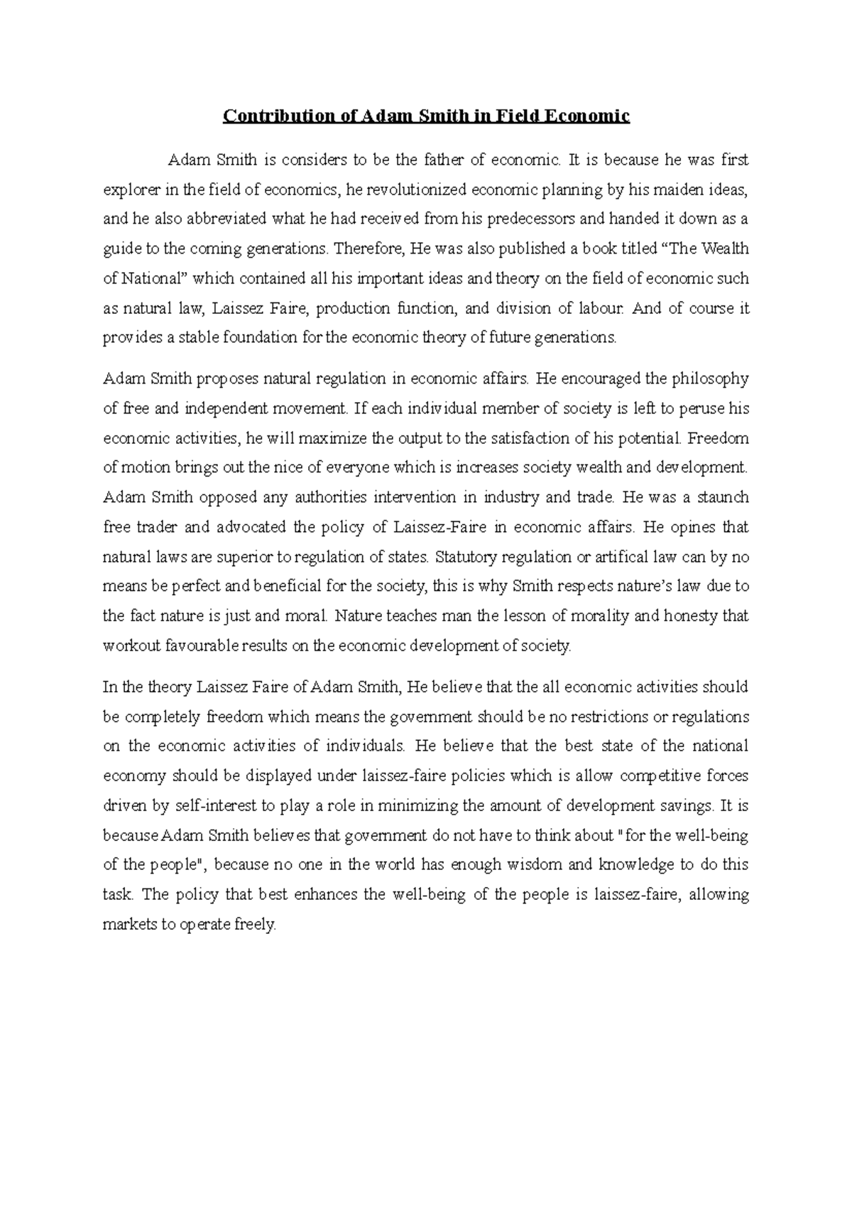 Contribution of Adam Smith in Field Economic - It is because he was ...