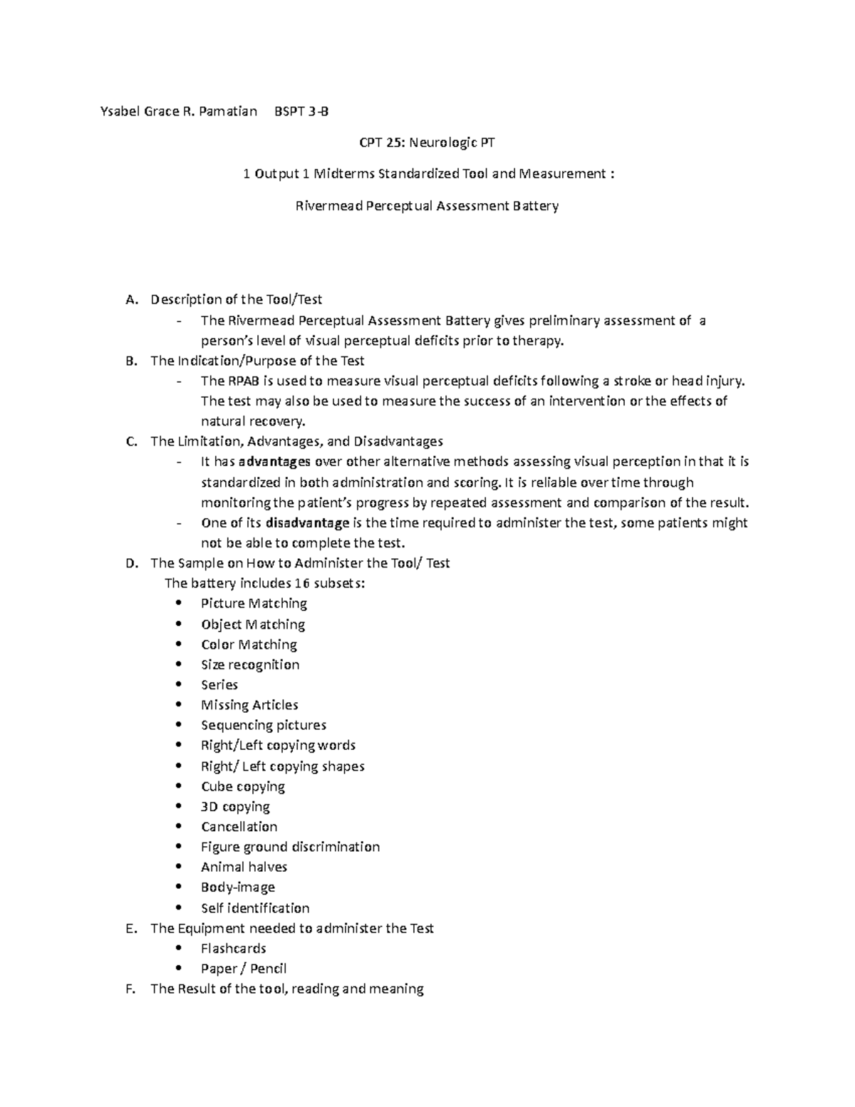 Rivermead - RPAB - Ysabel Grace R. Pamatian BSPT 3-B CPT 25: Neurologic ...