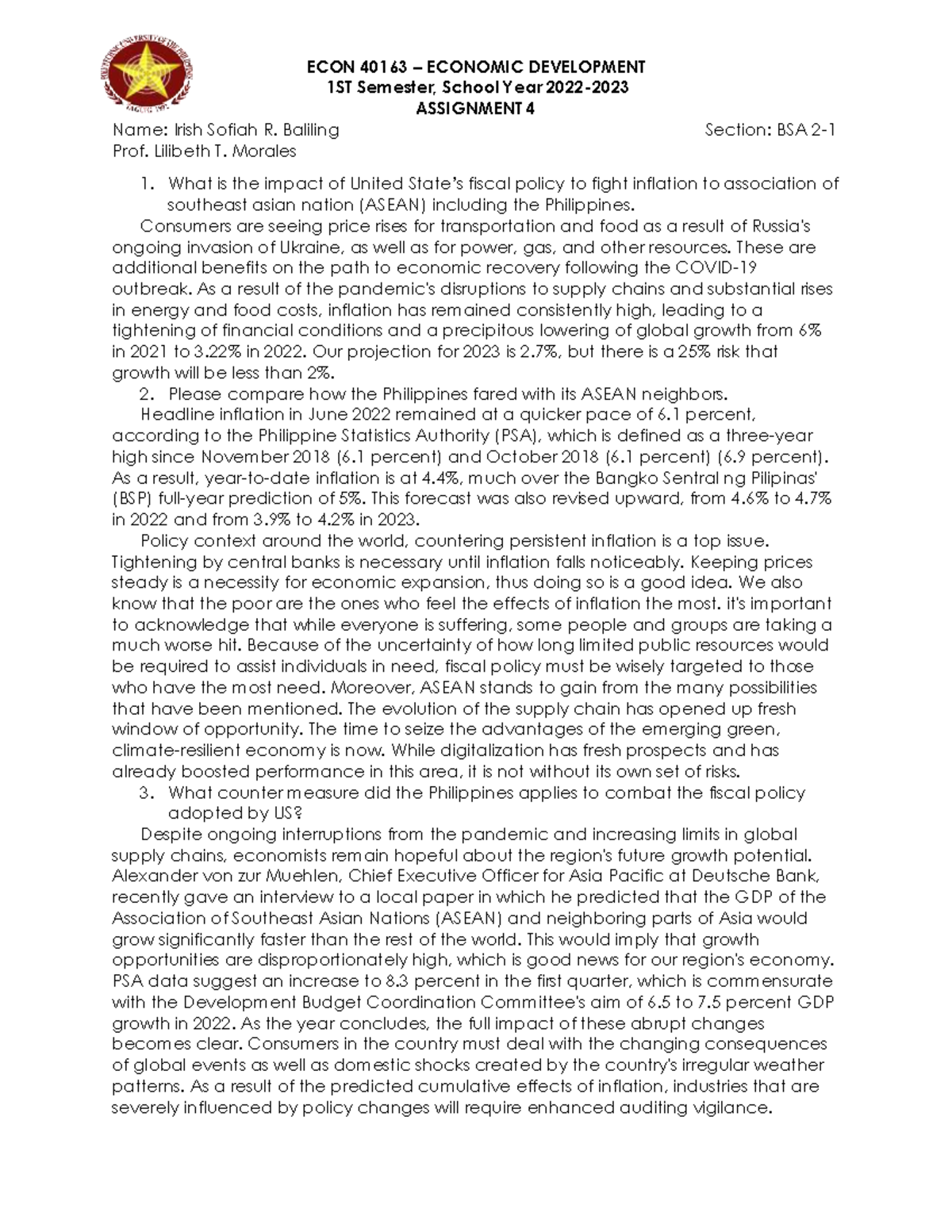 Baliling Irish Sofiah R. Assignment No 4 - ECON 40163 – ECONOMIC ...