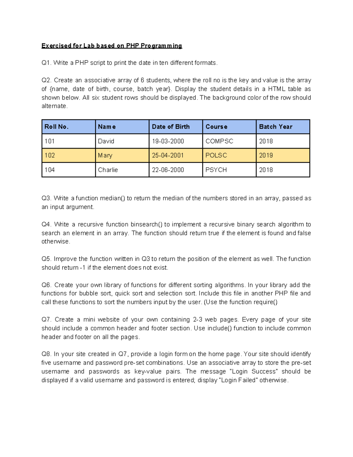 List of PHP Programs - Exercised for Lab based on PHP Programming Q1 ...