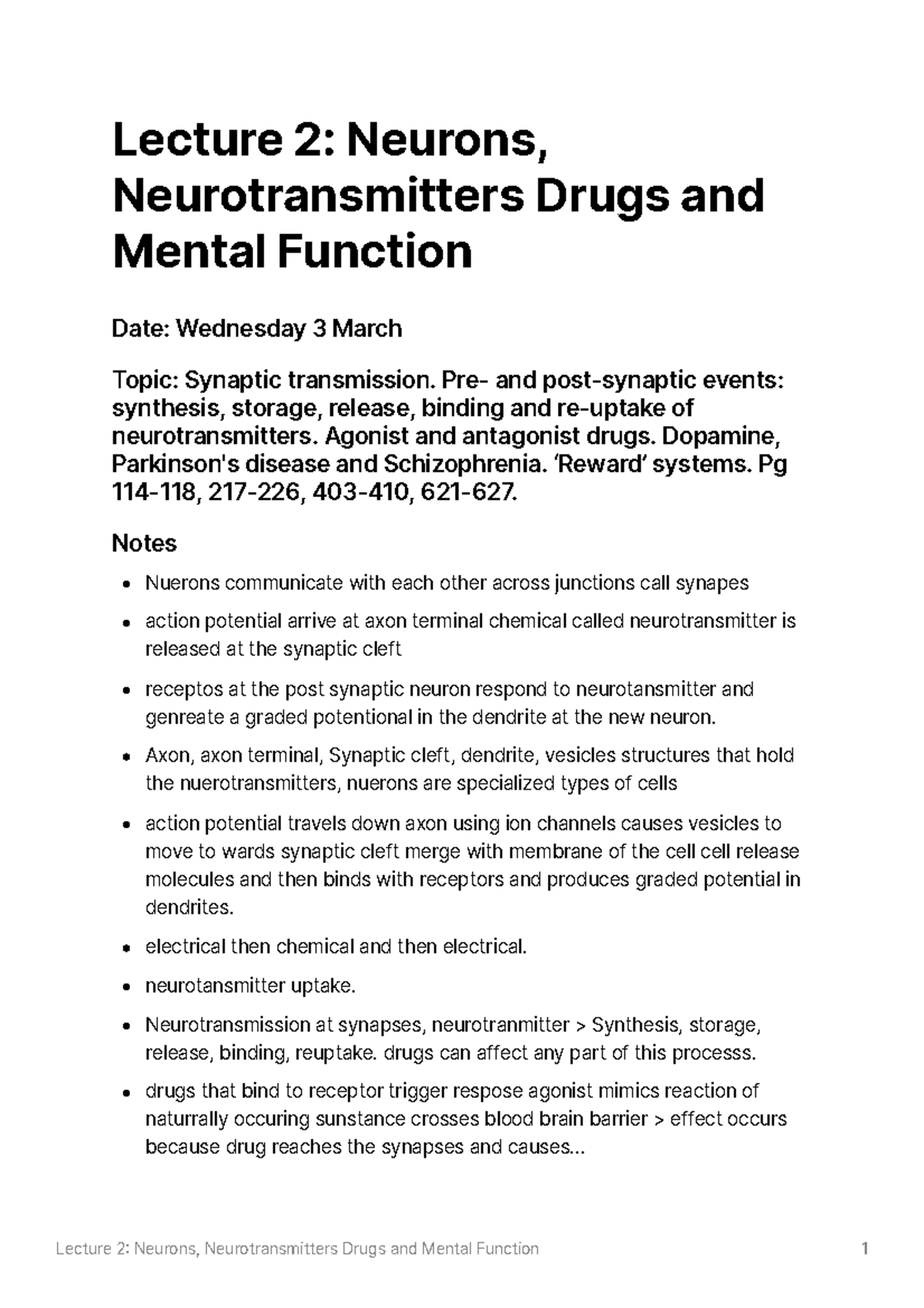 Lecture 2 Neurons Neurotransmitters Drugs and Mental Function - Lecture ...