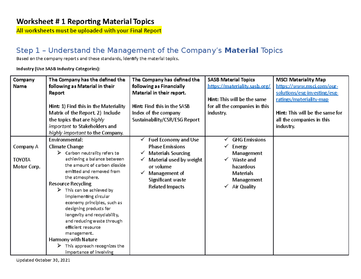 ESG Project Worksheet#1 - All worksheets must be uploaded with your ...