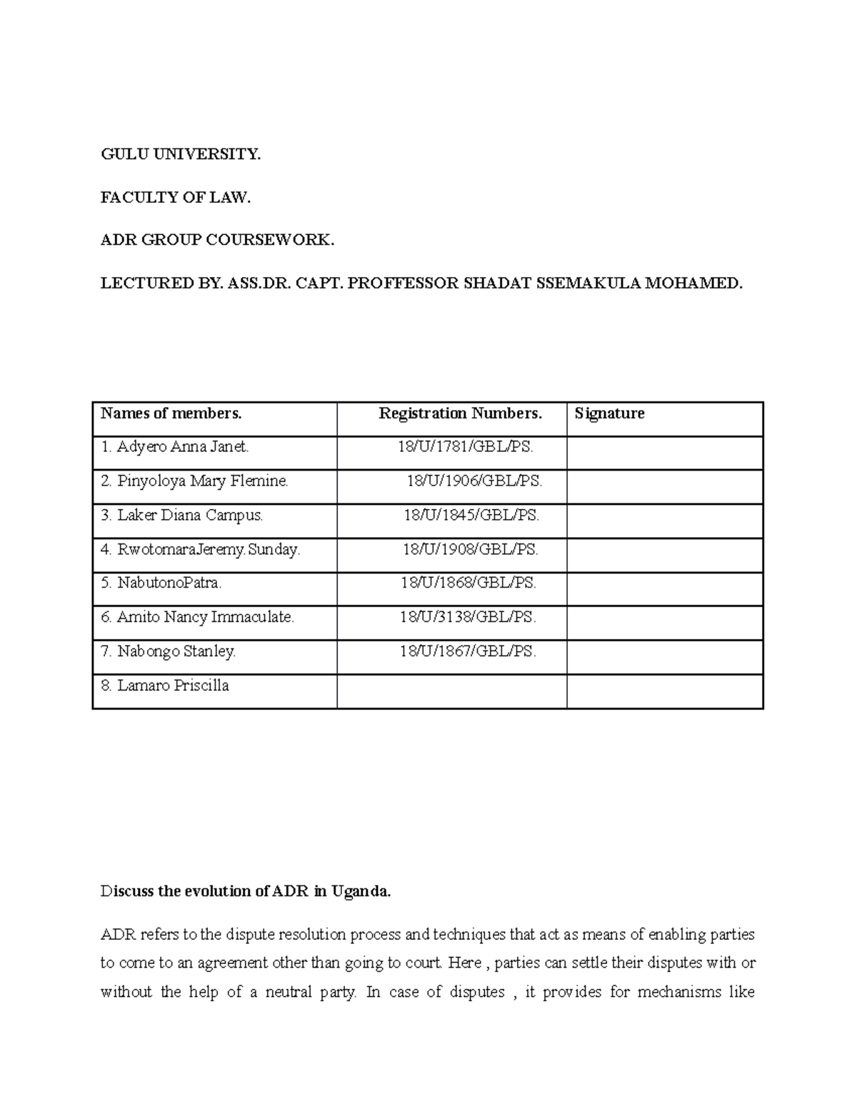 Group work ADR final - Alternative Dispute Resolutions involves ...