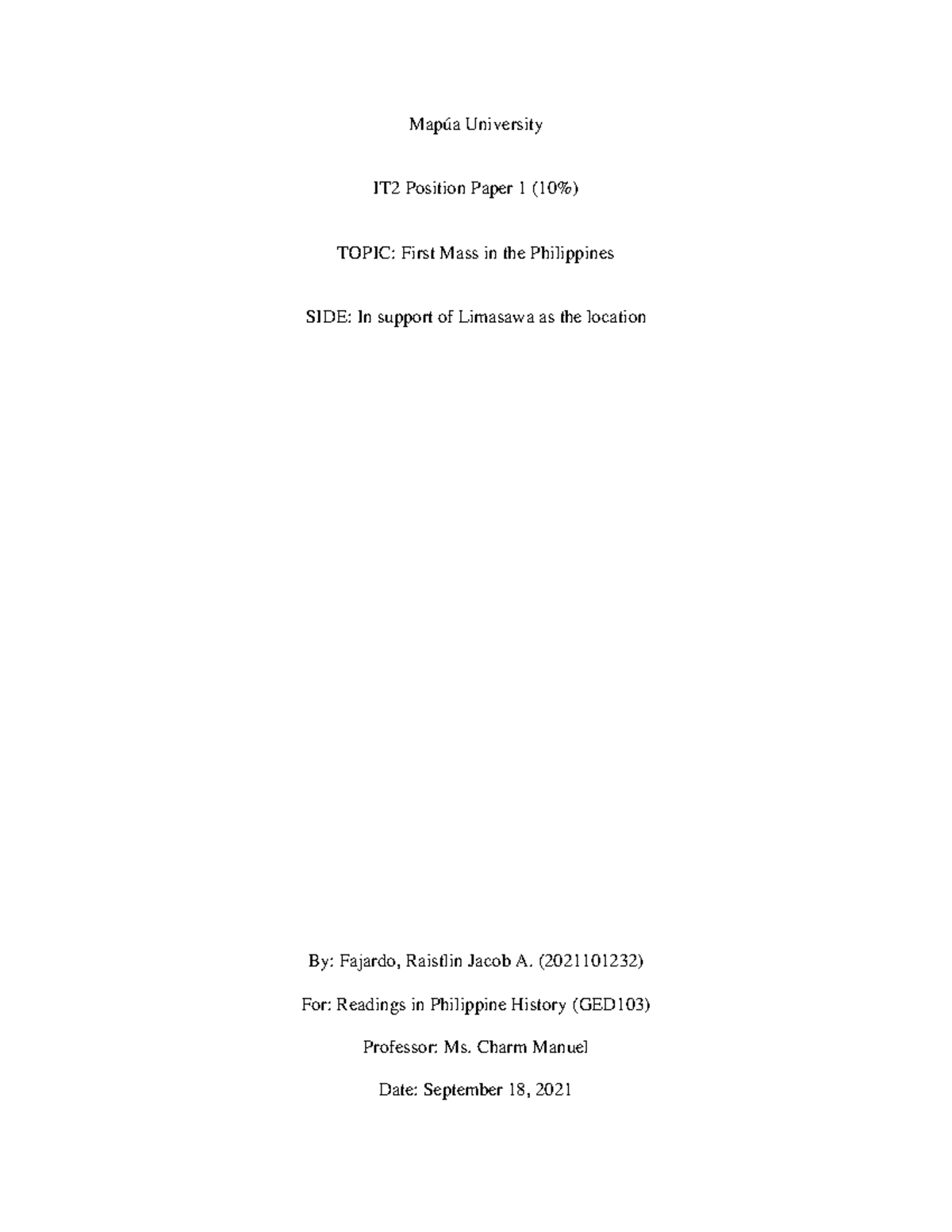 Sample Position Paper For Readings In Philippine History GED 103 (For ...