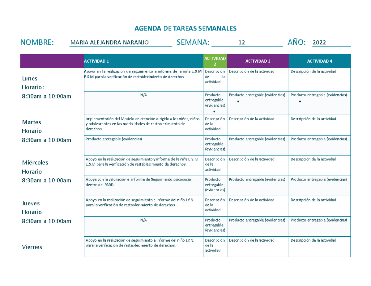 Cronograma Actividades 12 Agenda De Tareas Semanales Nombre Maria
