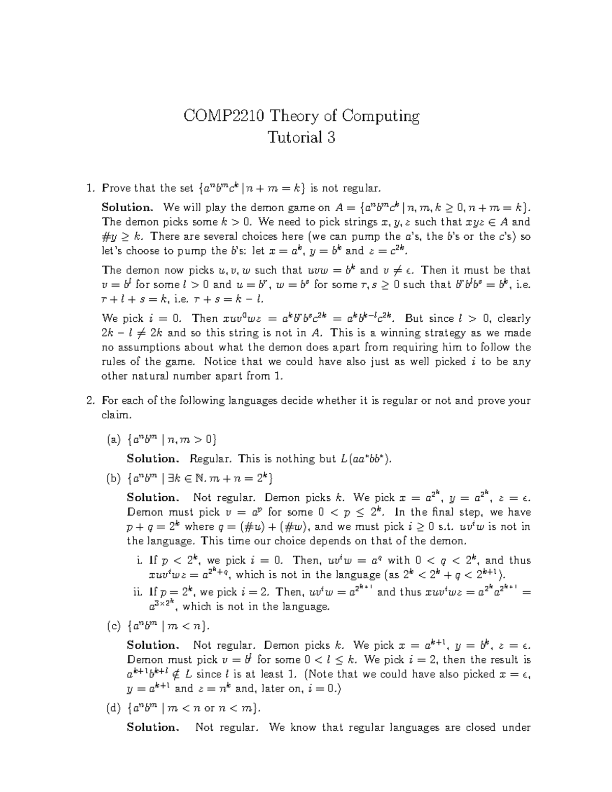 Tutorial 3solutions - COMP2210 Theory of Computing Tutorial 3 Prove ...