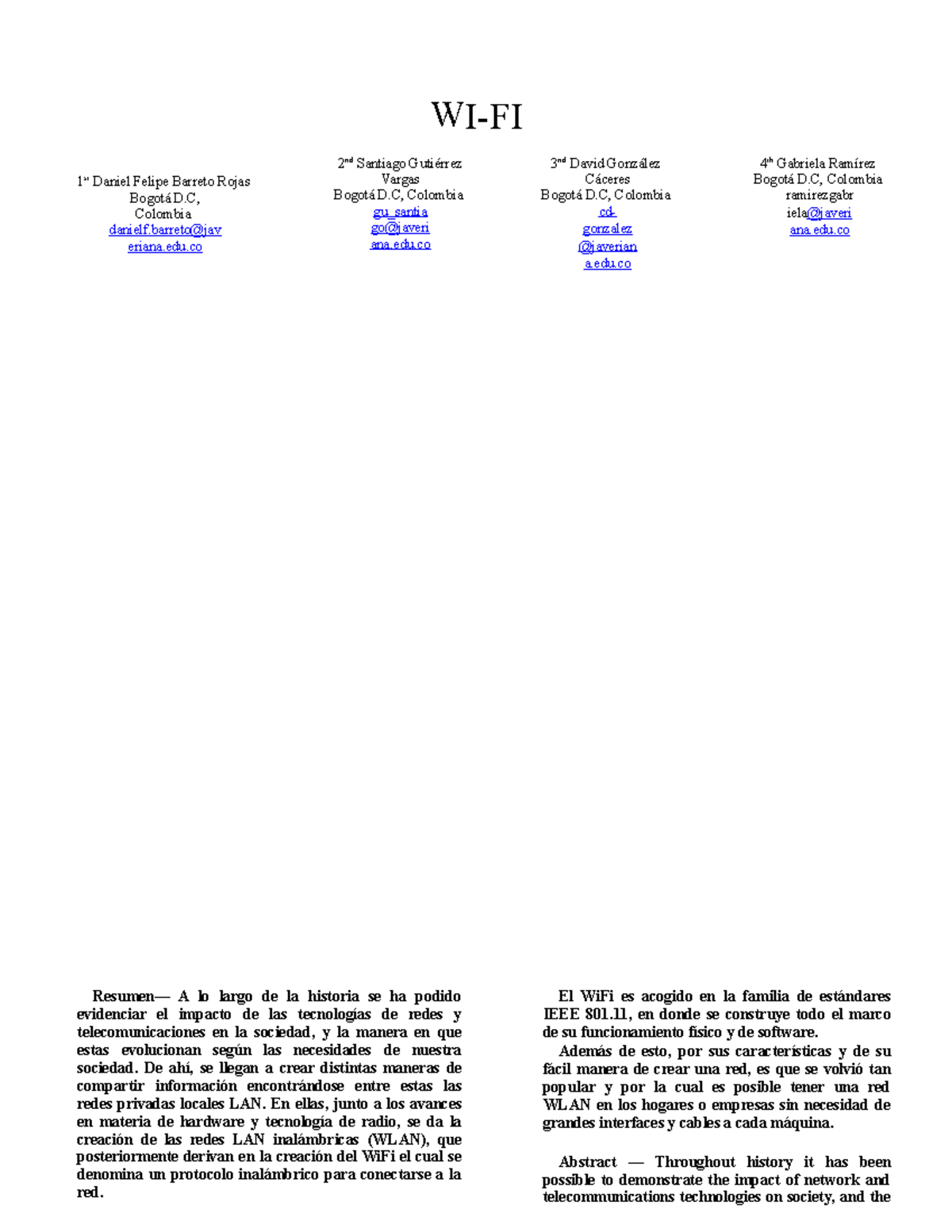 Articulo - Documento sobre Wifi - WI-FI 1 st Daniel Felipe Barreto Rojas Bogotá D, Colombia ...